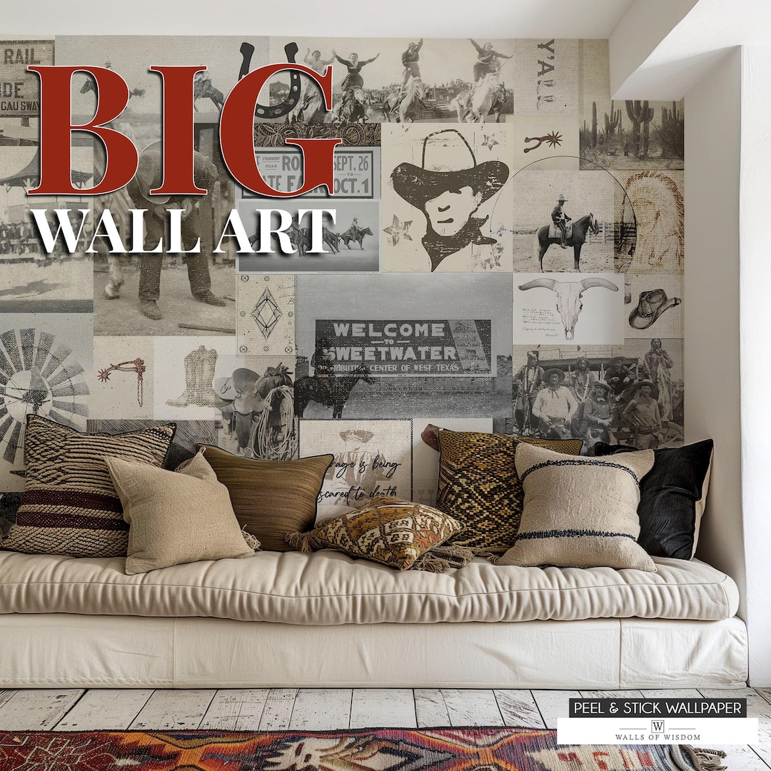 Vintage Cowboy Wallpaper Mural, Modern Cowboy Collage Print Western ...