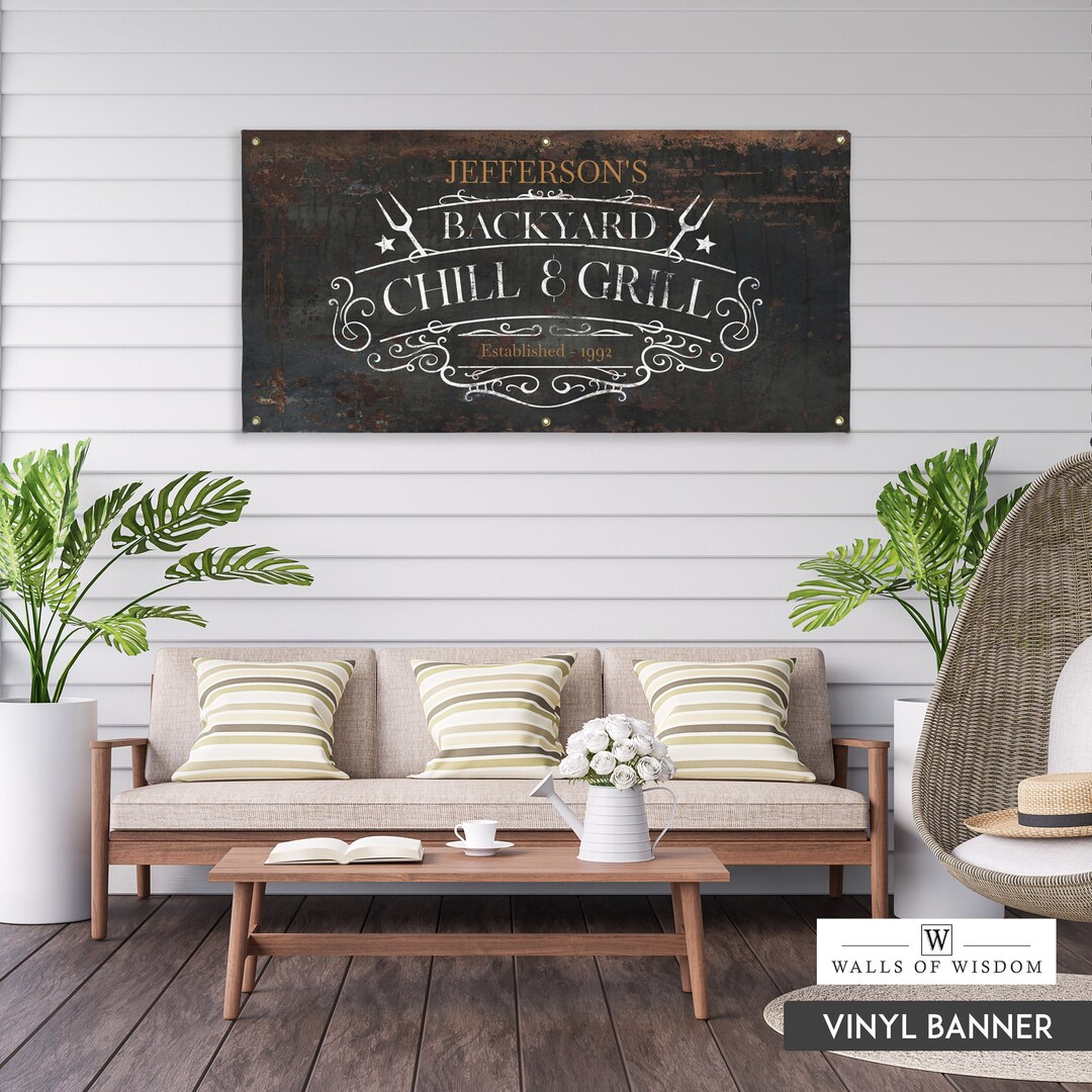 Rustic Chill & Grill Personalized Vinyl Banner Name Sign Personalized ...