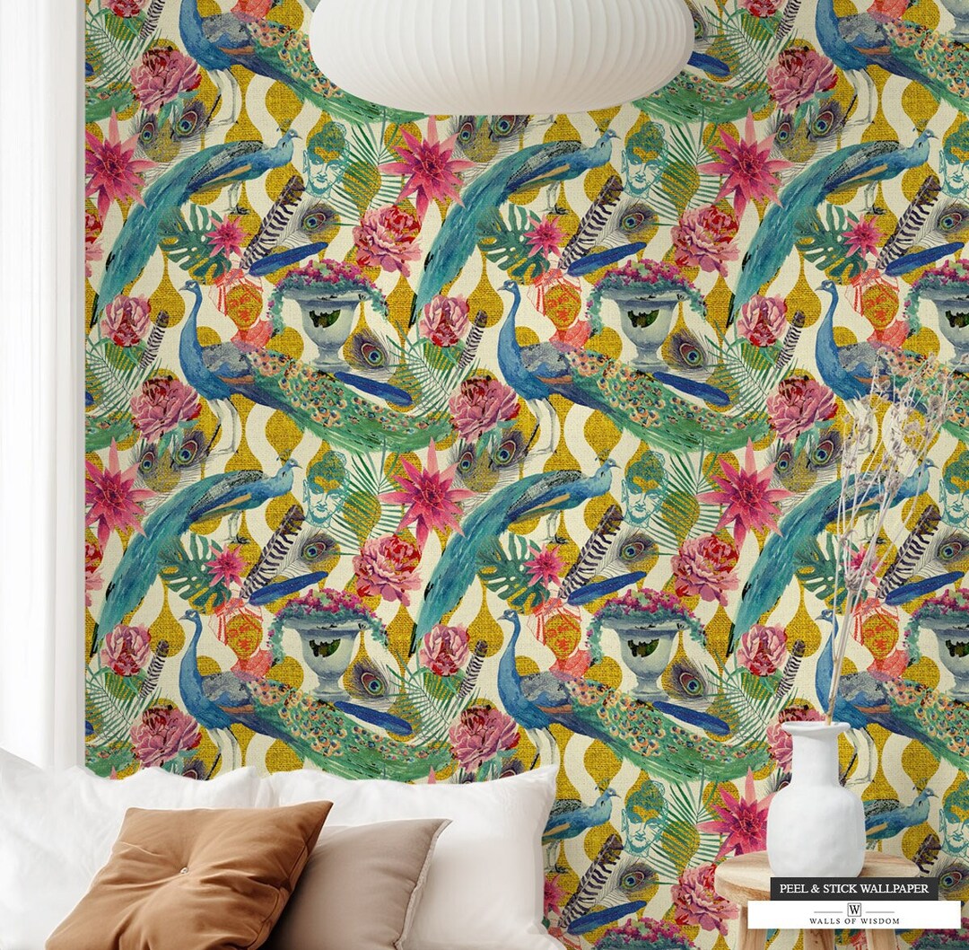 Peacock Wallpaper Maximalist Decor - Chinoiserie Art, Feminine Peel and ...