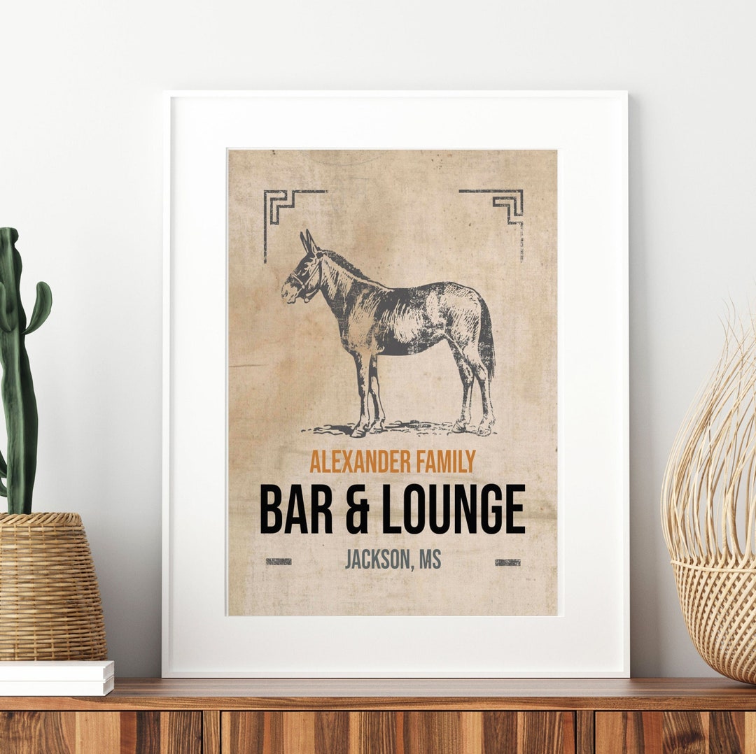 Old Mule Bar Personalized Bar Art Print, Custom Family Name Vintage ...