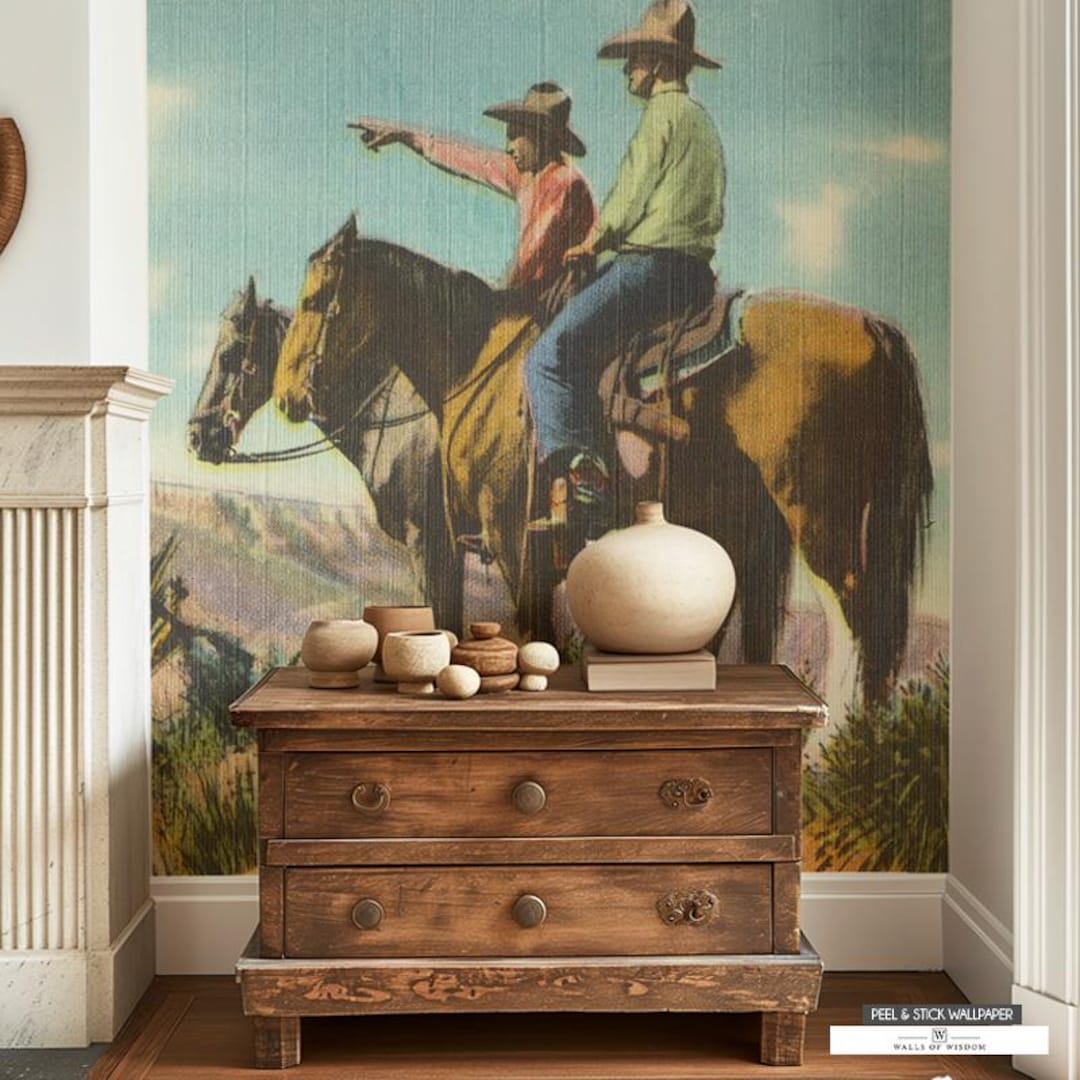 Cowboy Landscape Mural Wallpaper, Western Decor Mural Art, Vintage ...