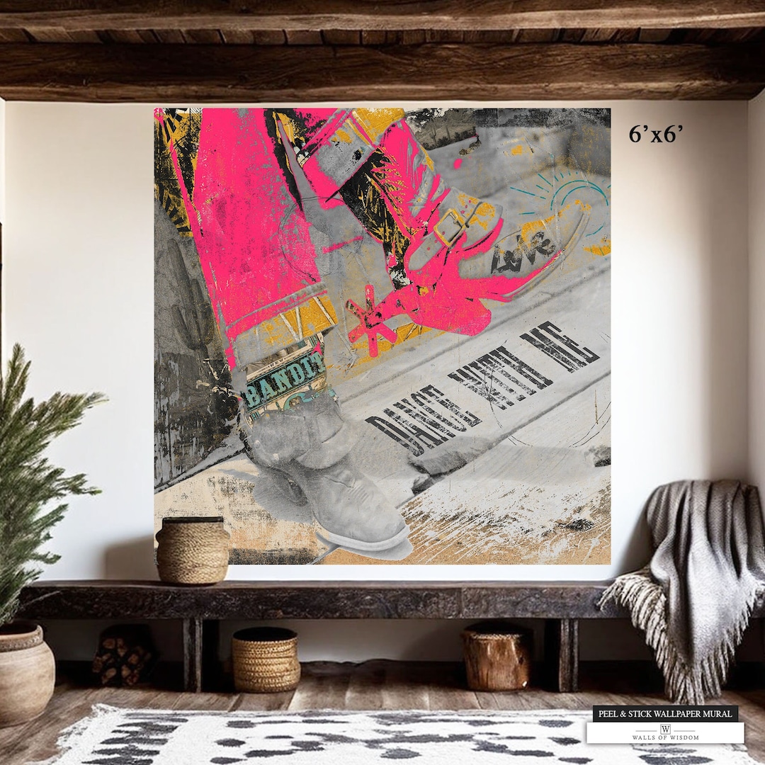 Pink Cowgirl Western Decor Wallpaper, Cowboy Boot Mural Art Peel and ...