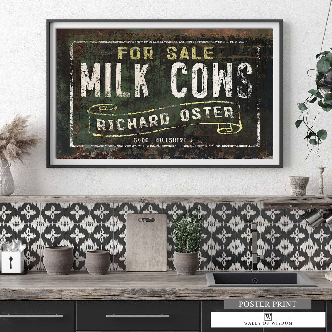 Milk Cows Vintage Dairy Cattle Ranch Print Sign; Western Decor Poster Art, Rustic Wall Decor ...