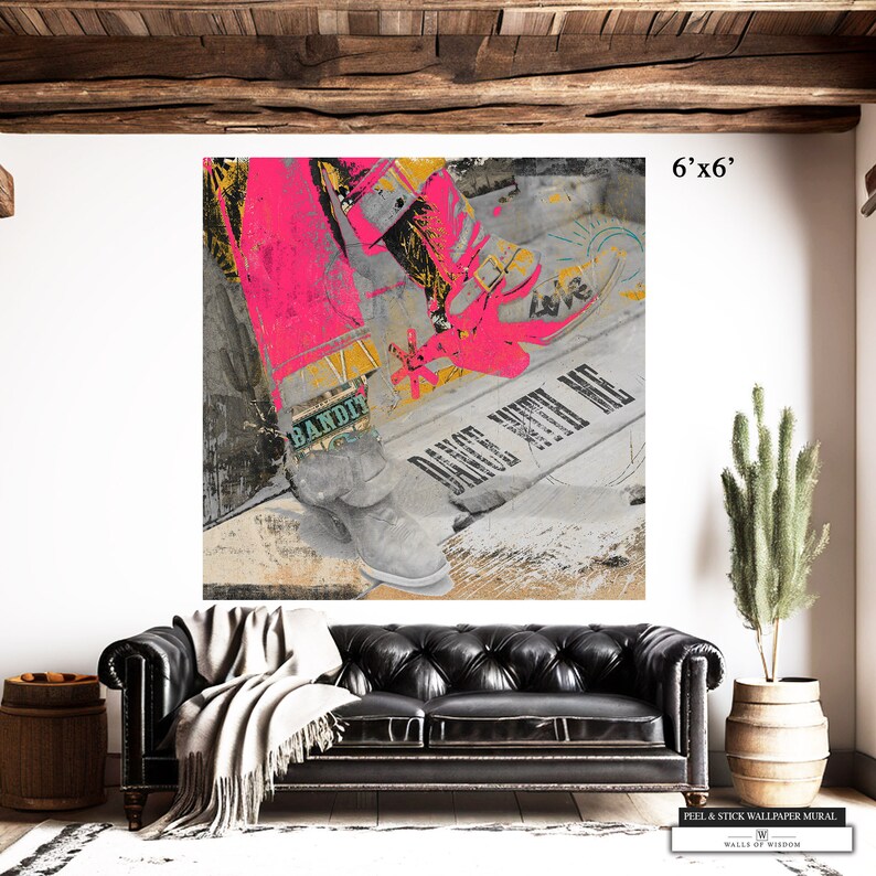 Pink Cowgirl Western Decor Wallpaper, Cowboy Boot Mural Art Peel and ...