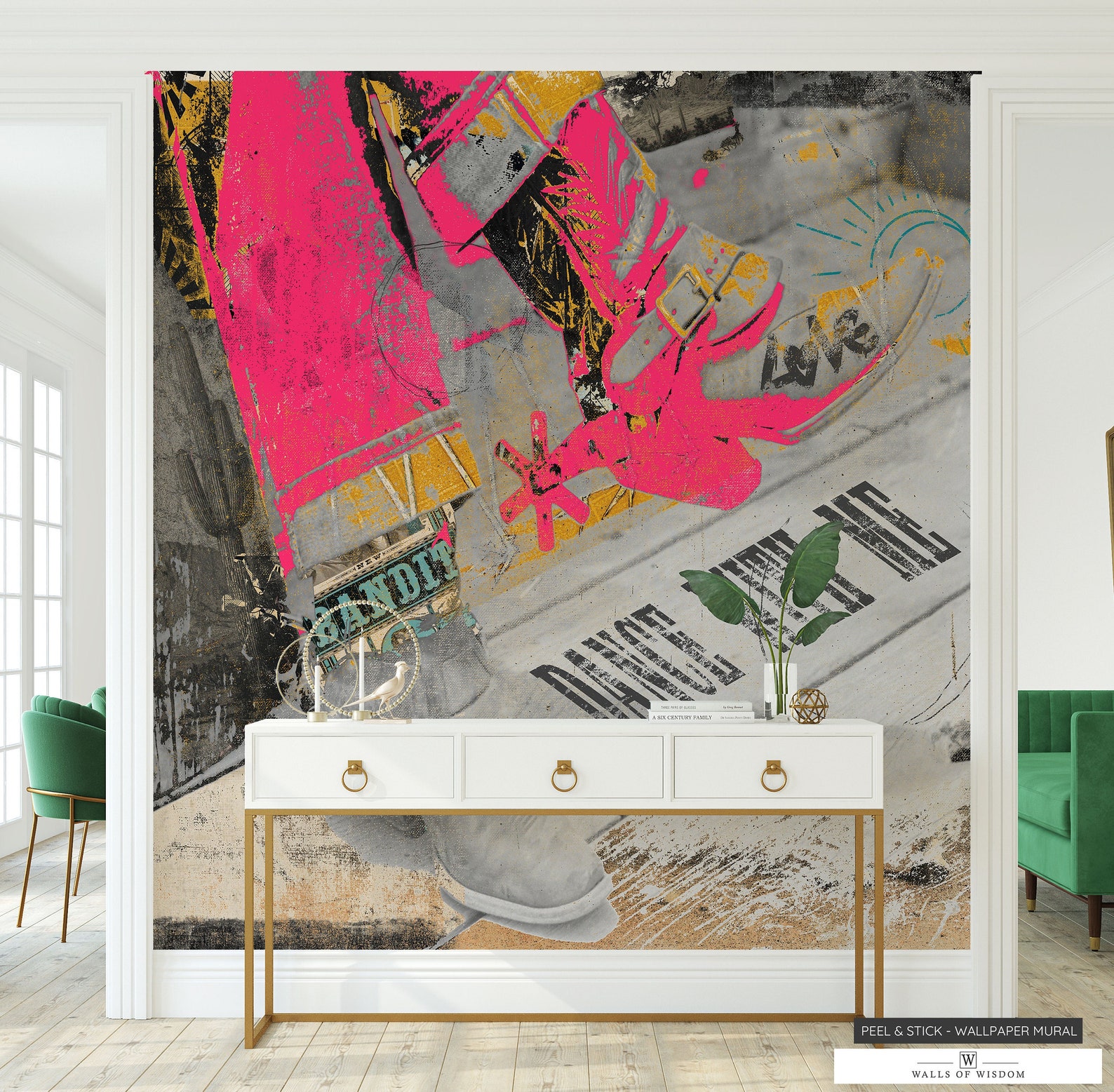 Pink Cowgirl Western Decor Wallpaper, Cowboy Boot Mural Art Peel and ...