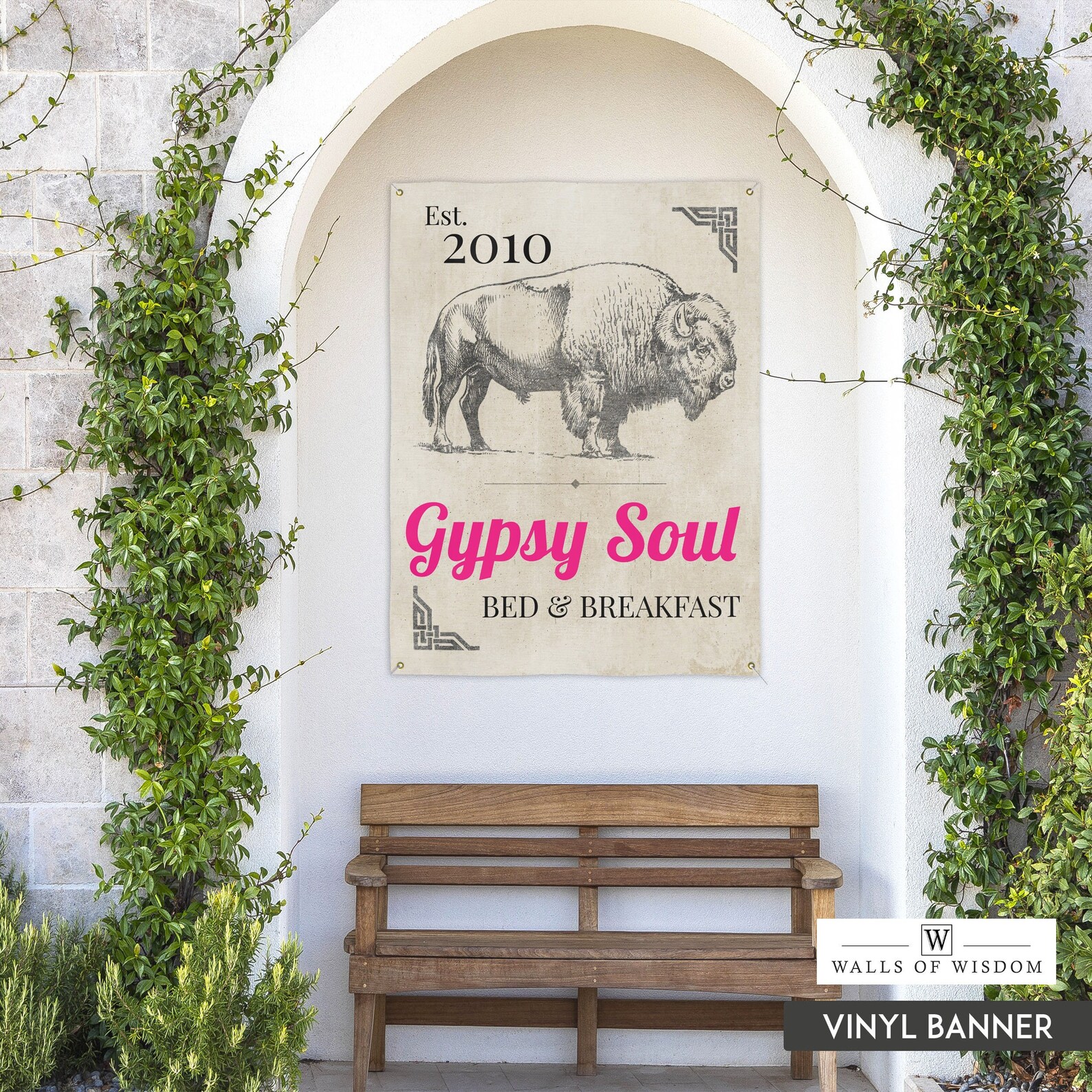 Boho Gypsy Buffalo Backyard Name Sign Vinyl Banner, Rustic Patio ...