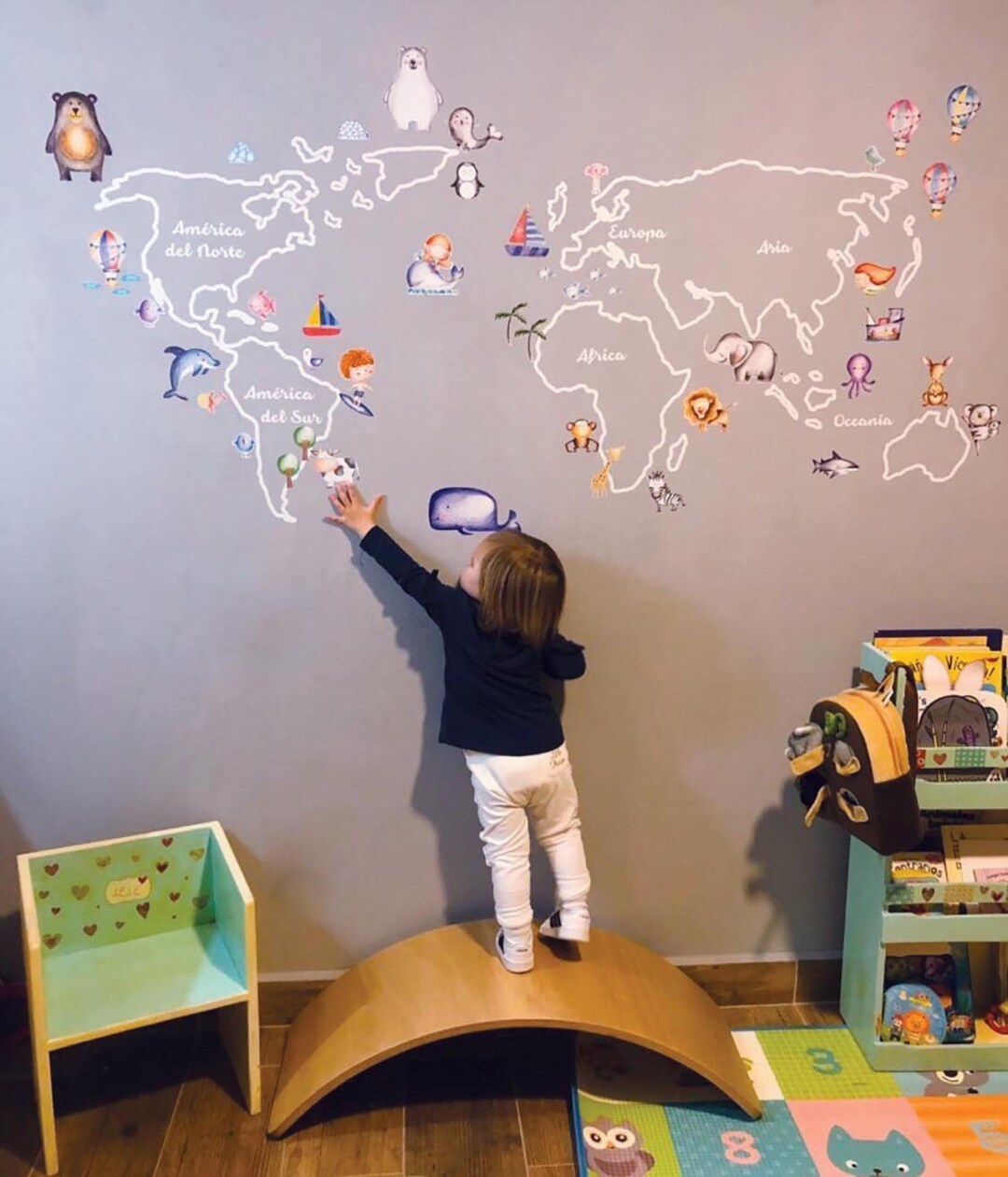 World Map Wall Decal for Kids With Removable Animal Stickers, Toddler ...