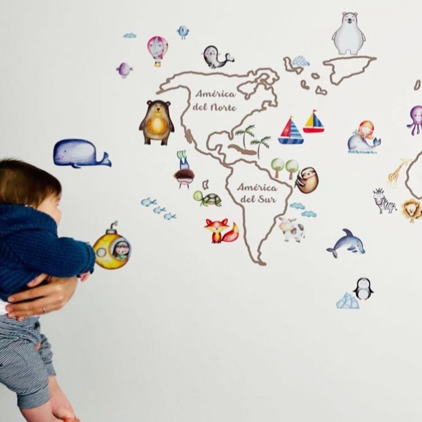 World Map Wall Decal for Kids With Removable Animal Stickers, Toddler ...