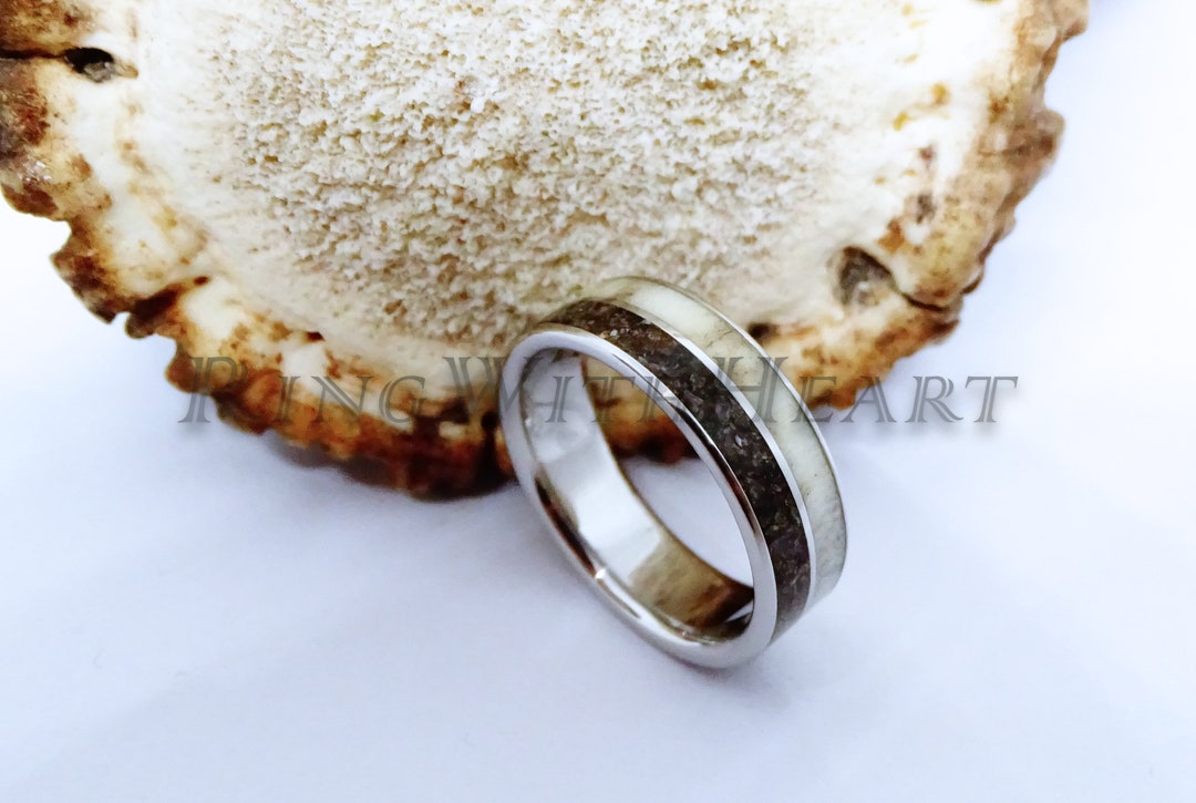 Dinosaur Bone and Deer Antler Ring With Stainless Steel, Gift for Him ...