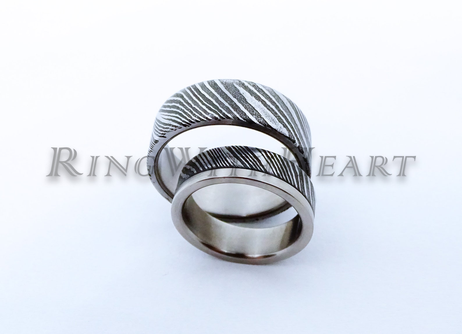 Pair of Damascus Steel Ring With Titanium Custom Engraved | Etsy