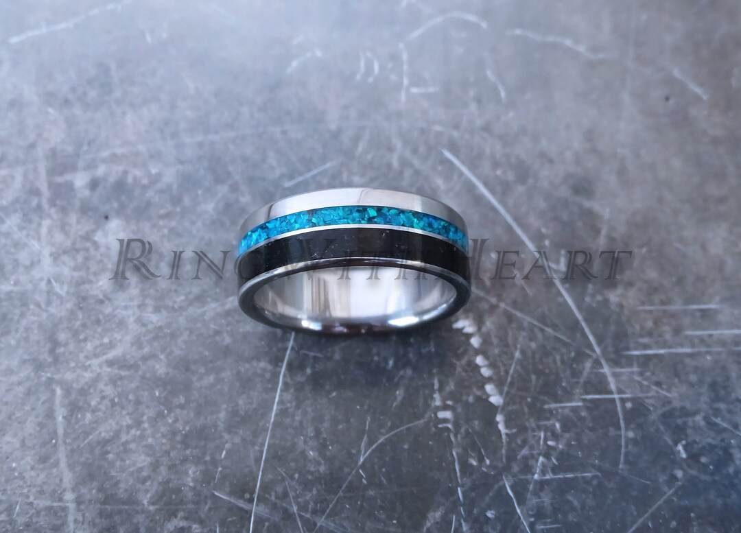 Black Tourmaline and Pacific Blue Opal Ring With Stainless Steel ...