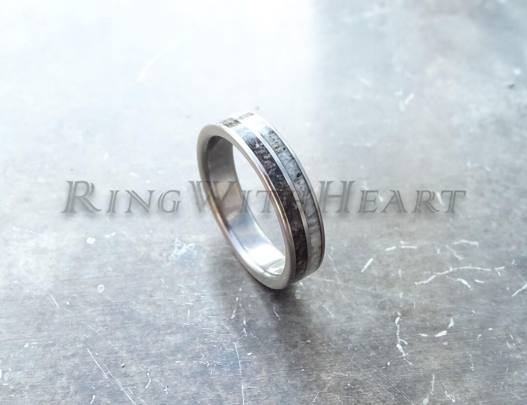 Stainless Steel Ring With Dinosaur Bone and Deer Antler, Antler Wedding ...