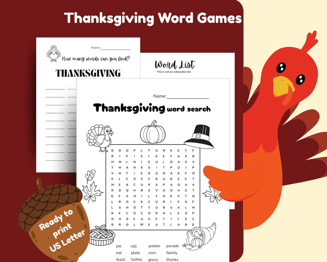 Thanksgiving Word Games for Kids: Printable Word Search (PDF) - Etsy