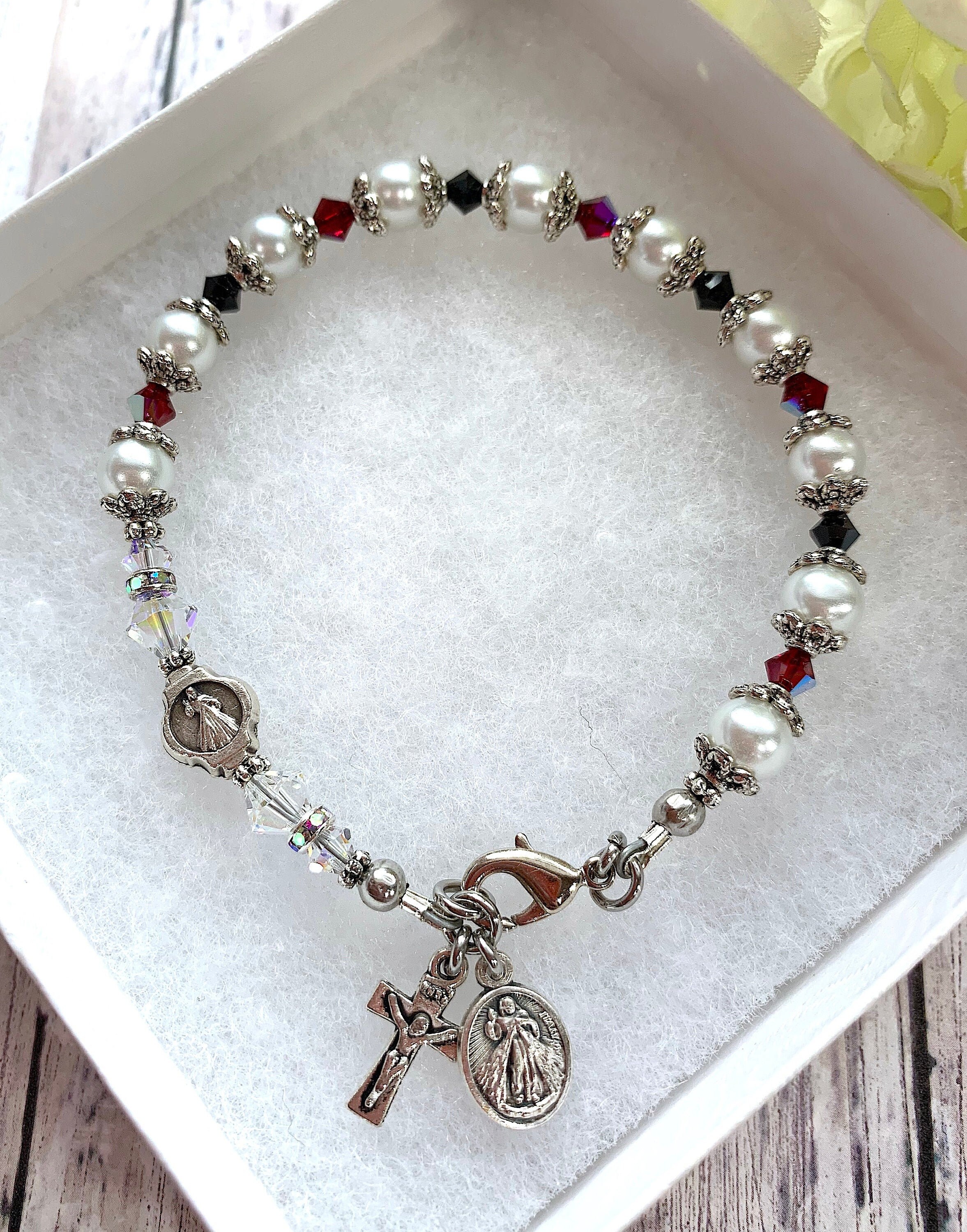 Divine Mercy, White Pearl, Black and Red Swarovski Crystal Rosary ...