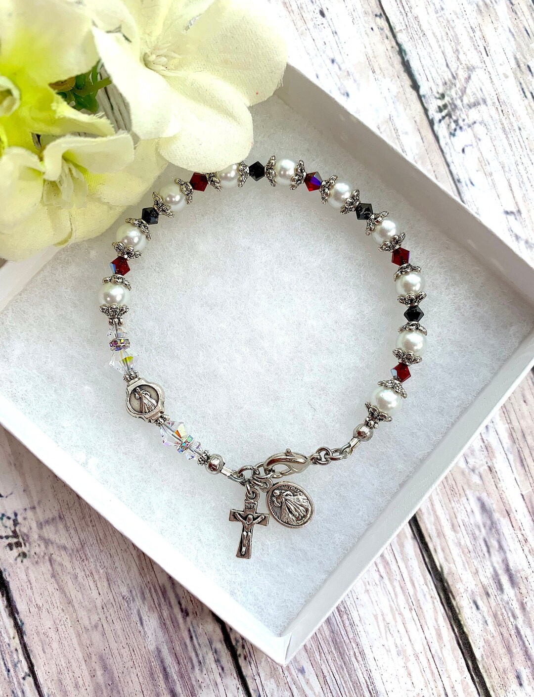 Divine Mercy, White Pearl, Black and Red Swarovski Crystal Rosary ...