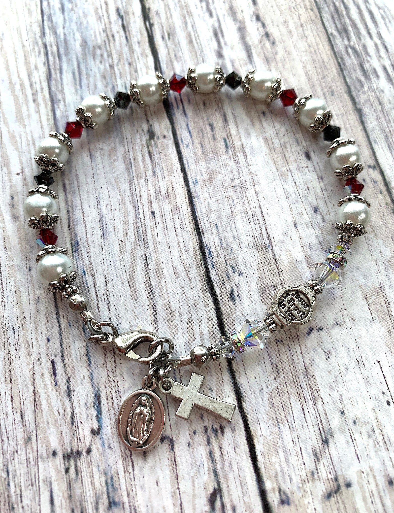 Divine Mercy, White Pearl, Black and Red Swarovski Crystal Rosary ...