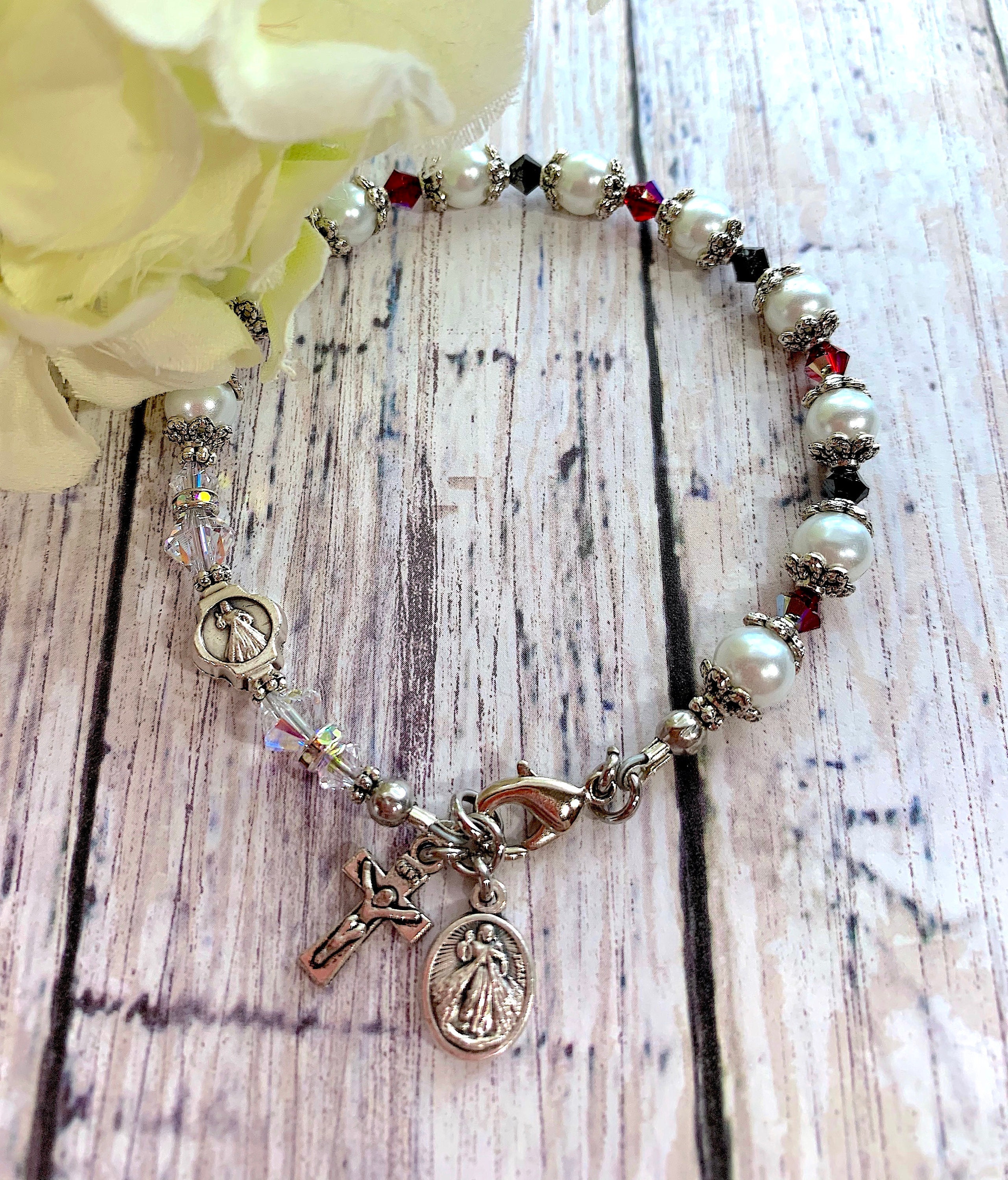 Divine Mercy, White Pearl, Black and Red Swarovski Crystal Rosary ...