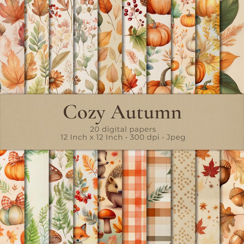 Fall Digital Scrapbook Paper, Cozy Watercolor Autumn Patterns With ...