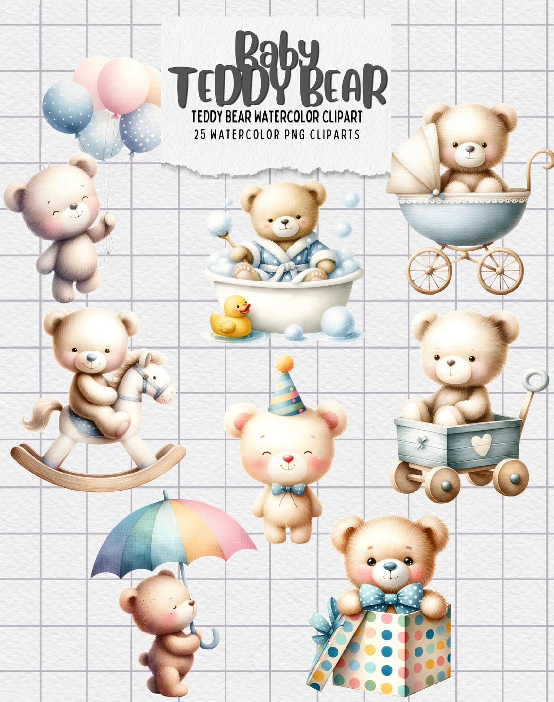 Teddy Bear Watercolor Clipart 25 PNG Collection for Nursery Decor ...