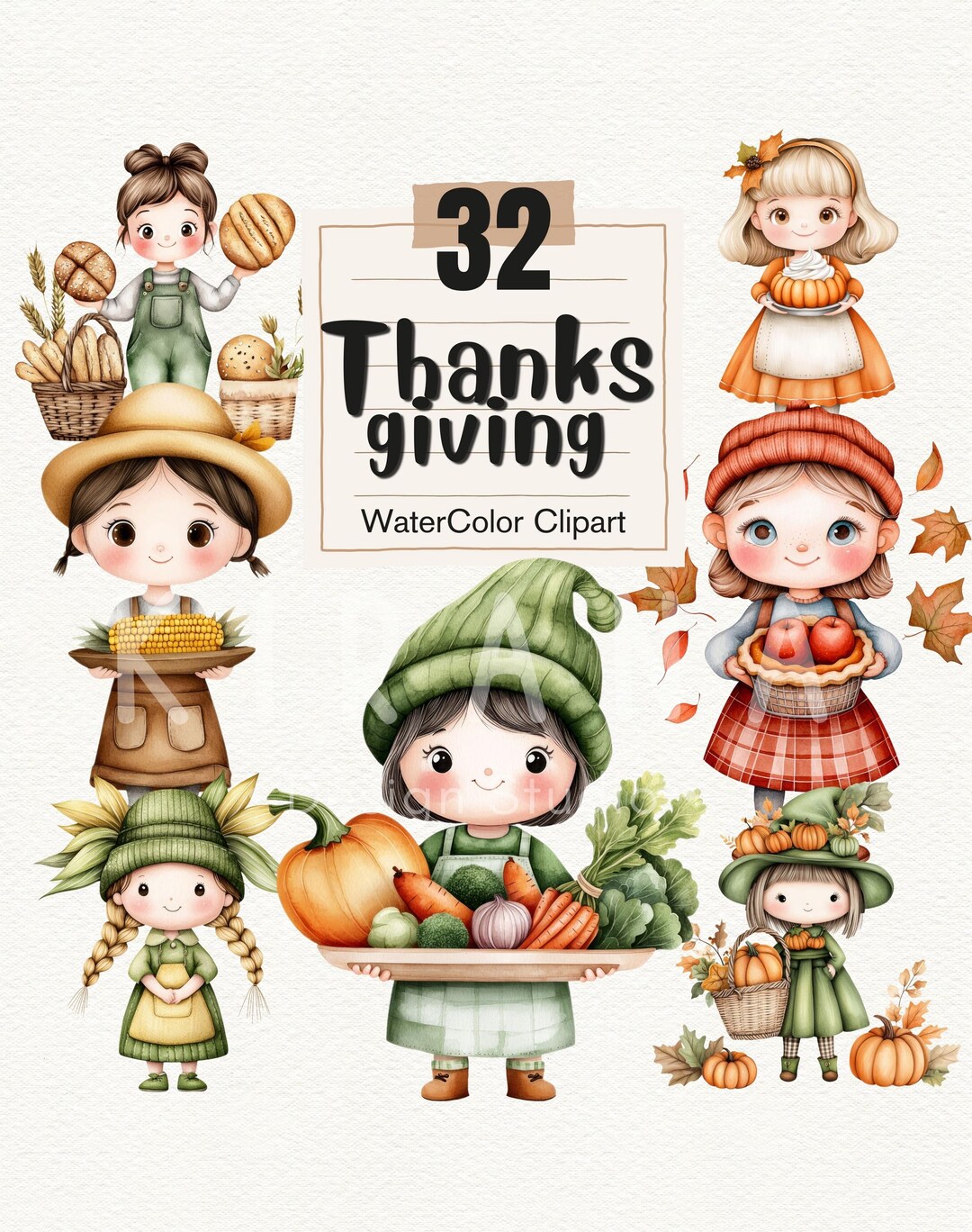 Thanksgiving Watercolor Clipart Set 32 PNG Elements, Cute Harvest ...