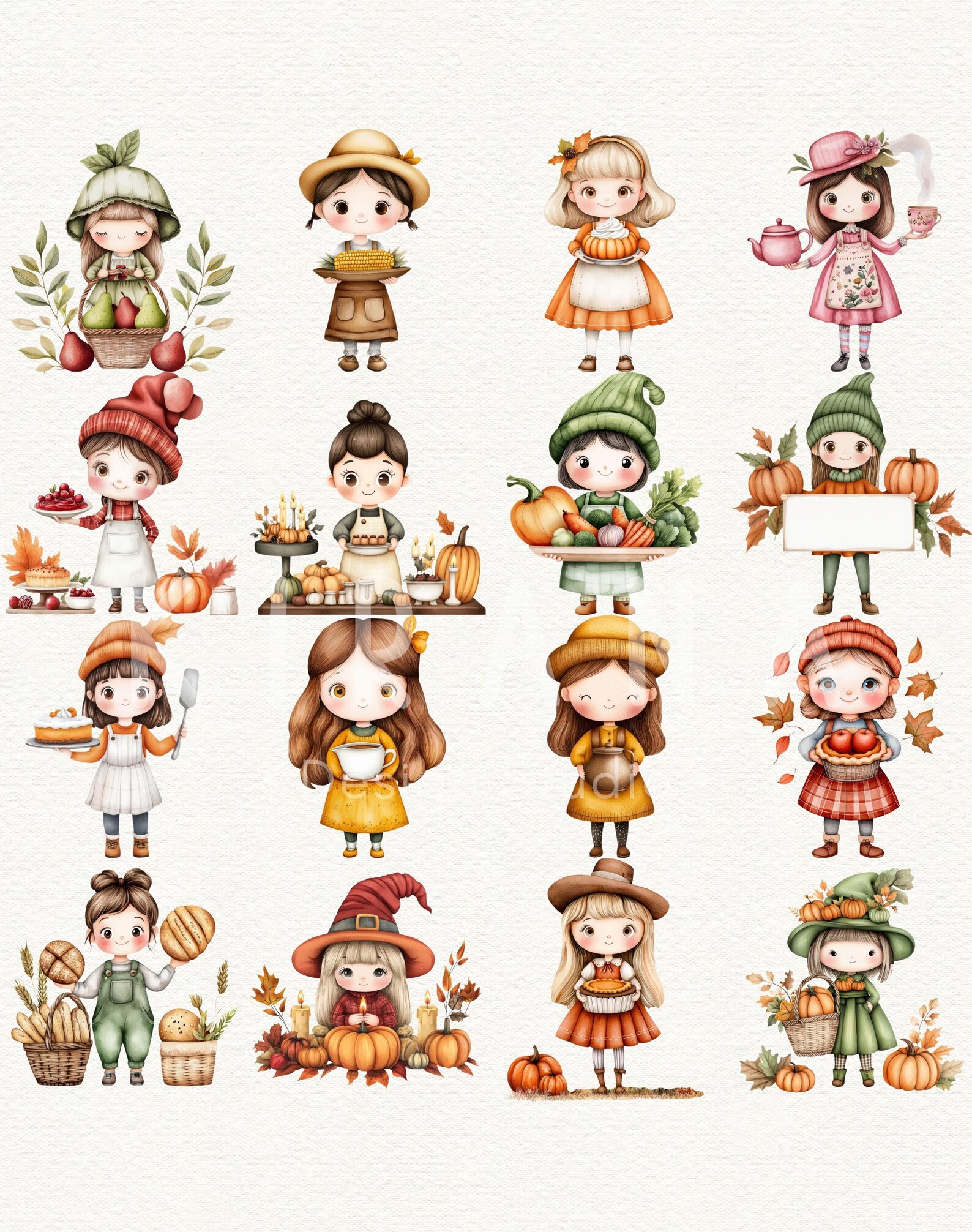 Thanksgiving Watercolor Clipart Set 32 PNG Elements, Cute Harvest ...