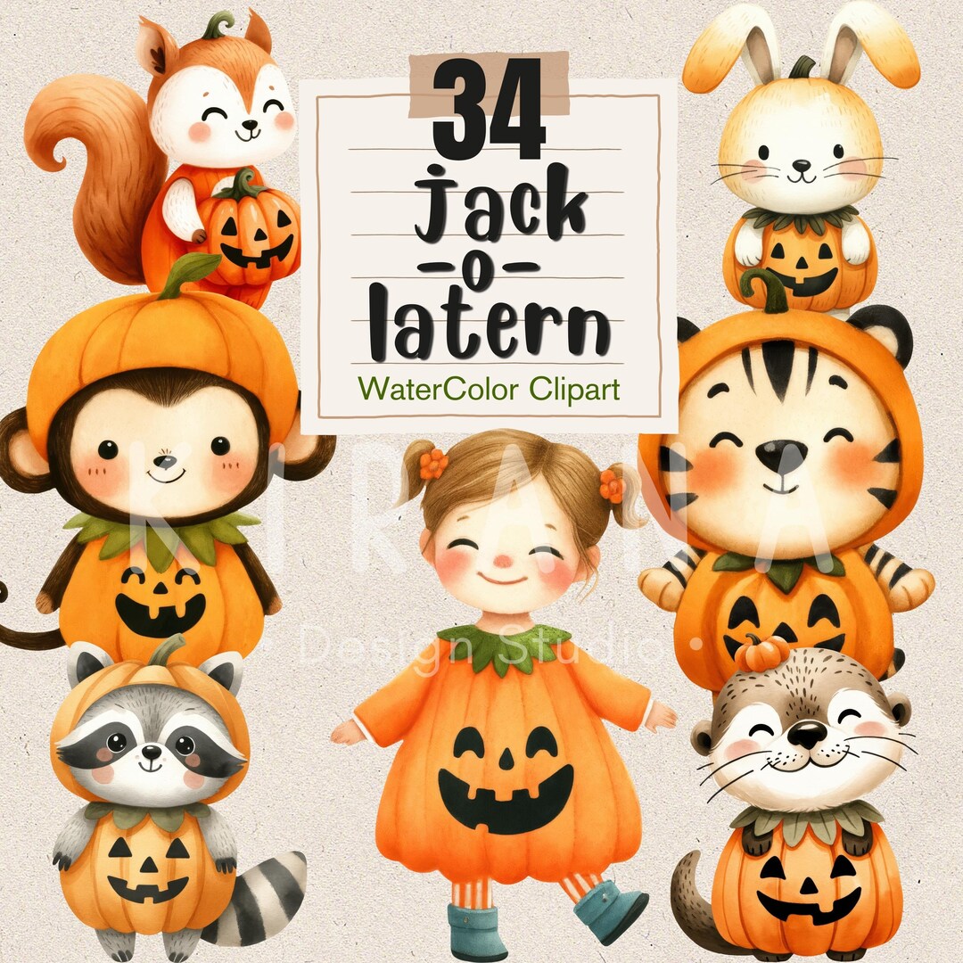Animals Jack-o'-lantern Watercolor Clipart: 34 Pngs (digital Download ...