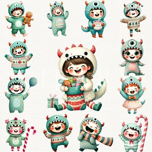 Little Monster Girls Christmas Clipart Set - 26 PNG Elements, Cute ...
