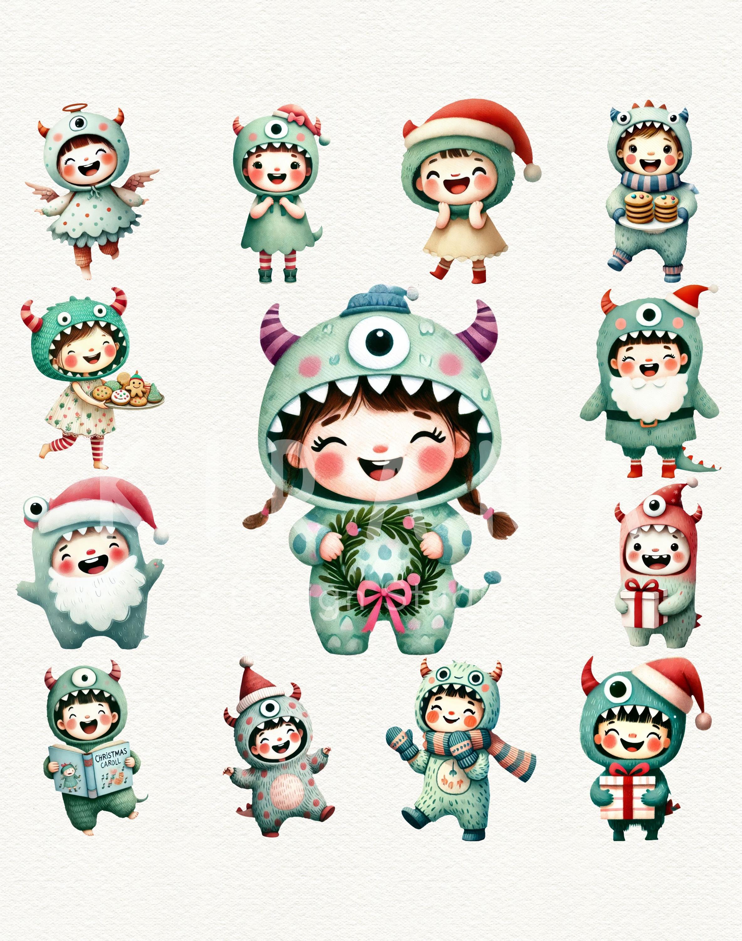 Little Monster Girls Christmas Clipart Set - 26 PNG Elements, Cute ...
