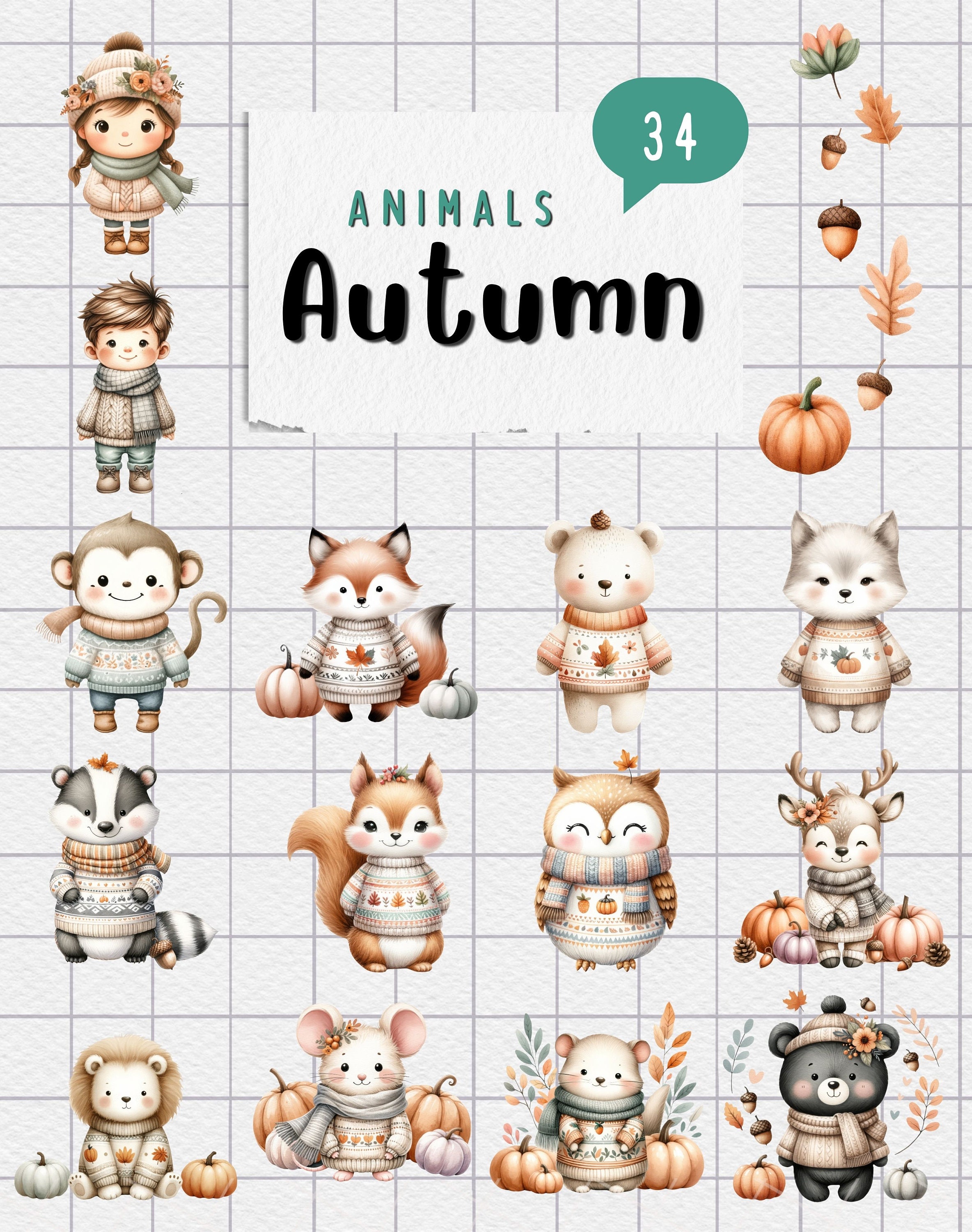 Animals Autumn Set A Clipart - 34 Cute Watercolor Pngs Set Watercolor ...