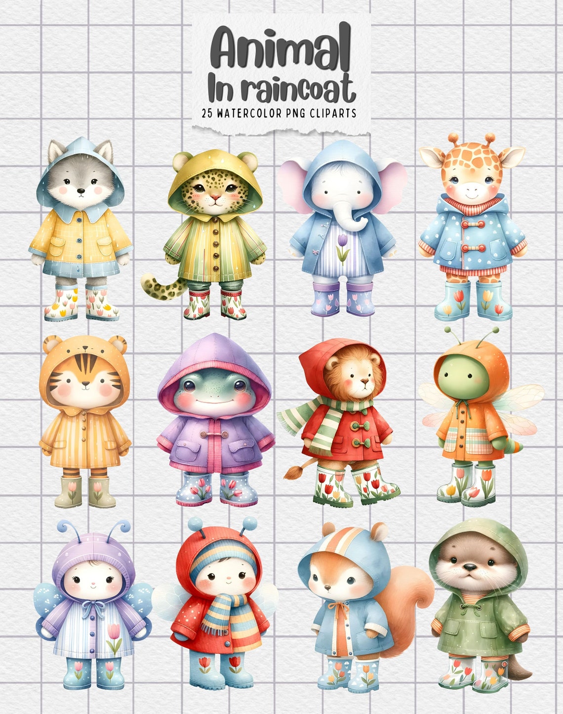 Rainy Day Buddies : Adorable Animals in Raincoats Clipart Set ...