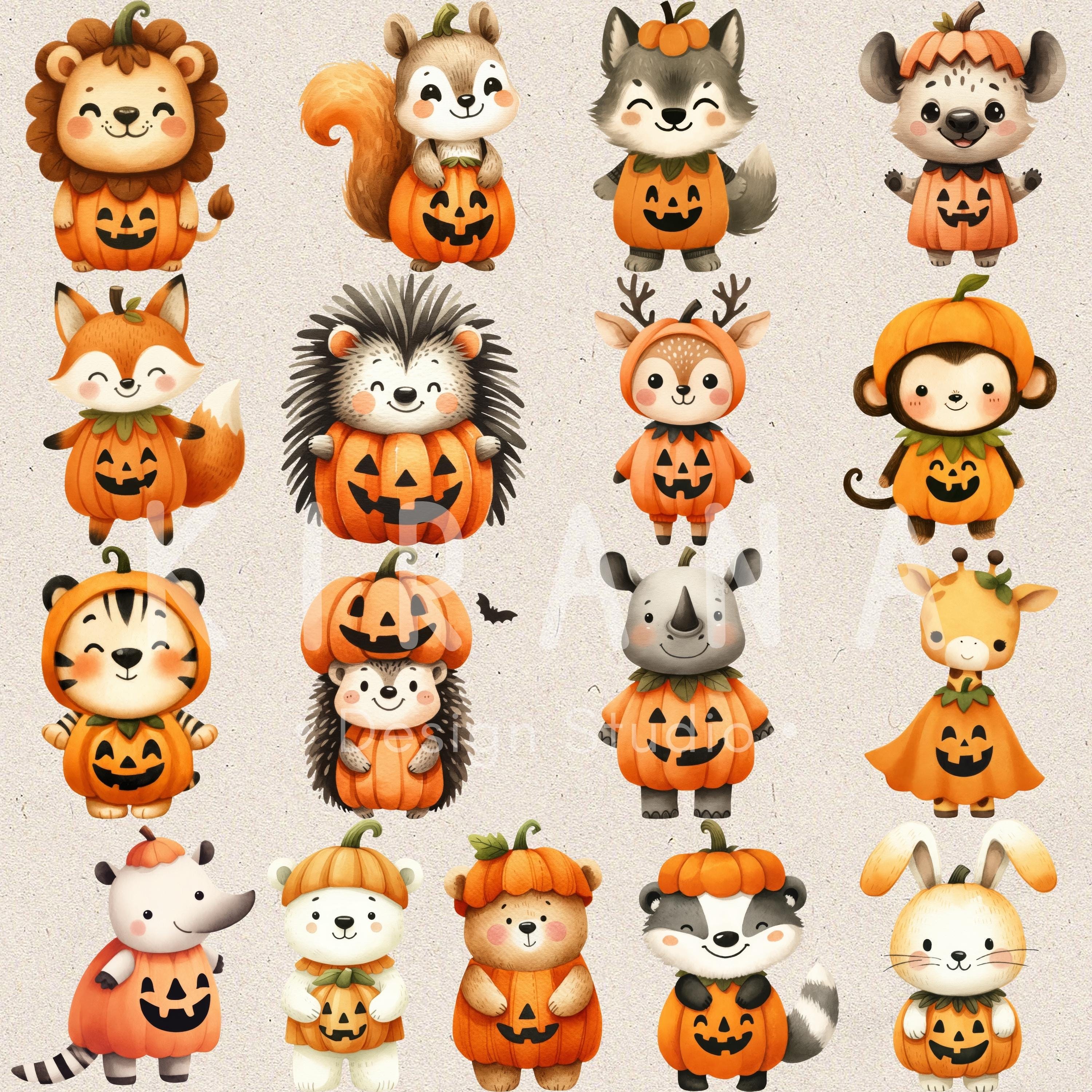 Animals Jack-o'-lantern Clipart - 34 Cute Watercolor Pngs Set ...