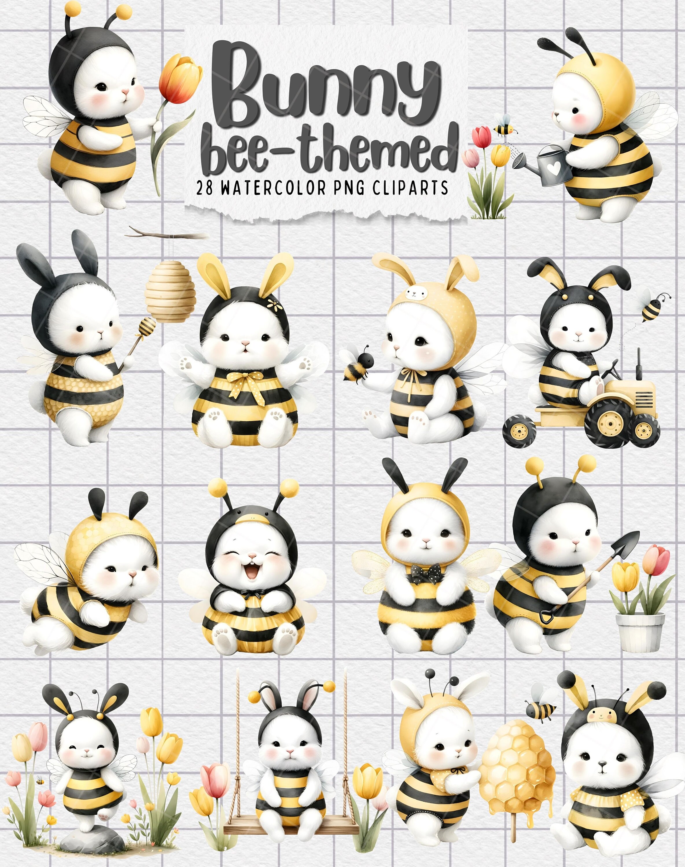 Bunny Bee-themed Watercolor Clipart Cute Bumblebee Rabbit Illustrations ...