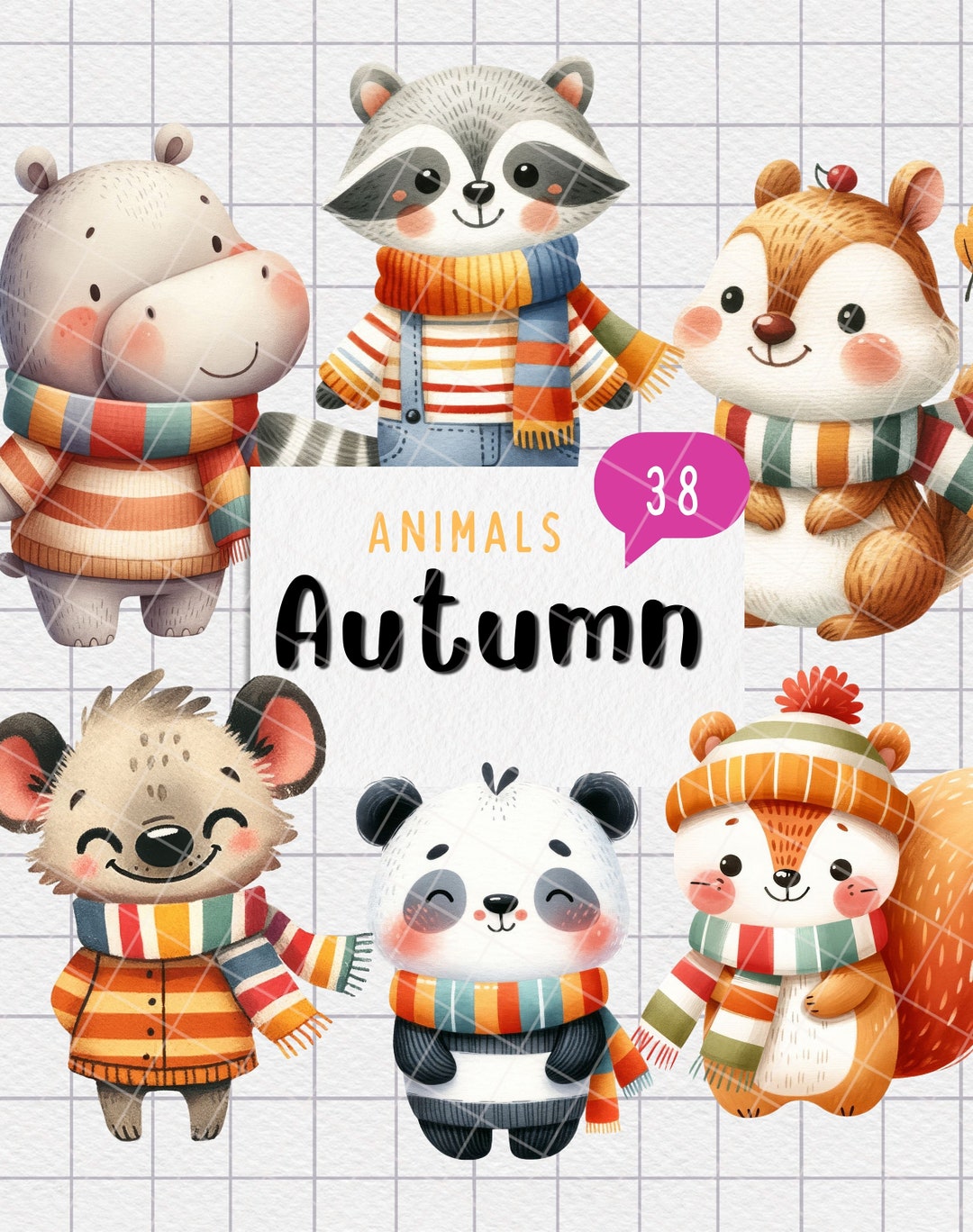 Animals Autumn Set B Clipart - 38 Cute Watercolor Pngs Set Watercolor ...