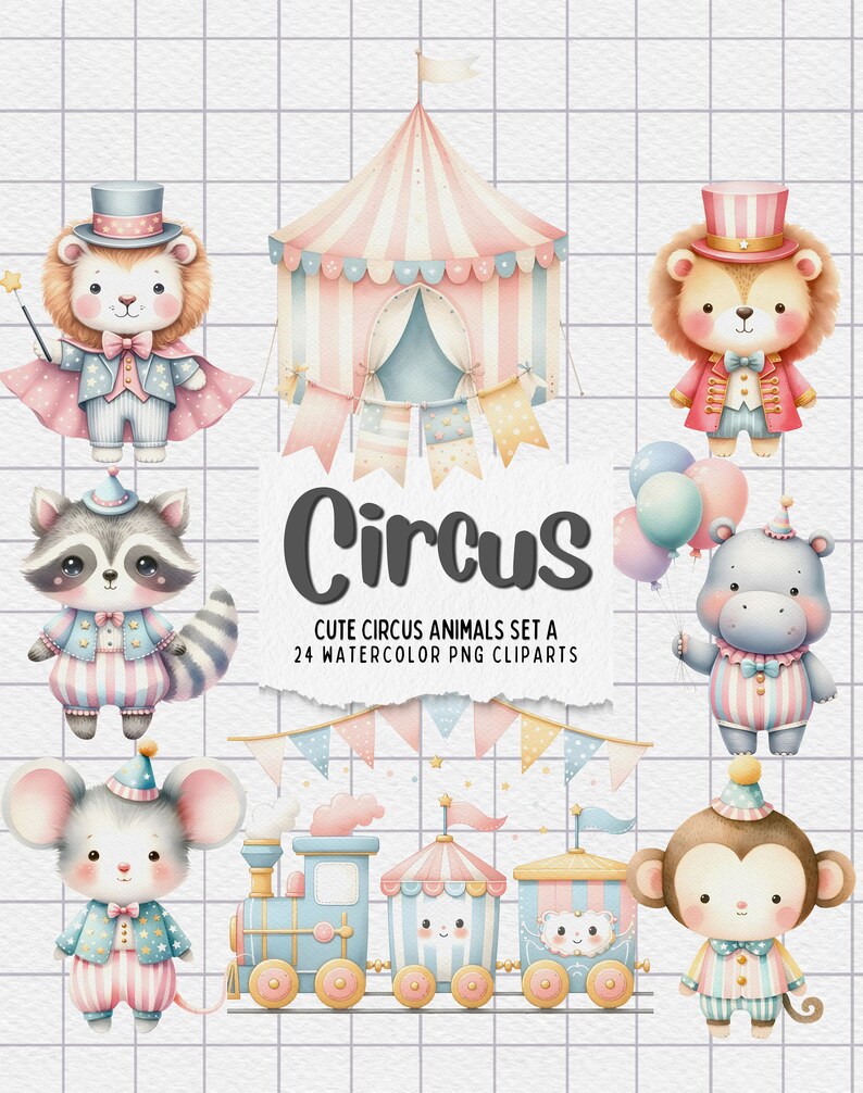 Circus Watercolor Clipart BUNDLE Adorable Animals and Cheerful Elements ...