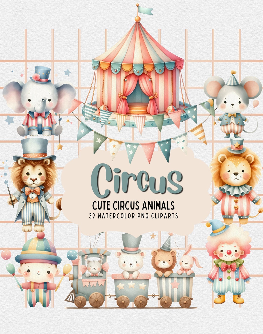 Circus Watercolor Clipart PNG Adorable Animals and Cheerful Elements ...