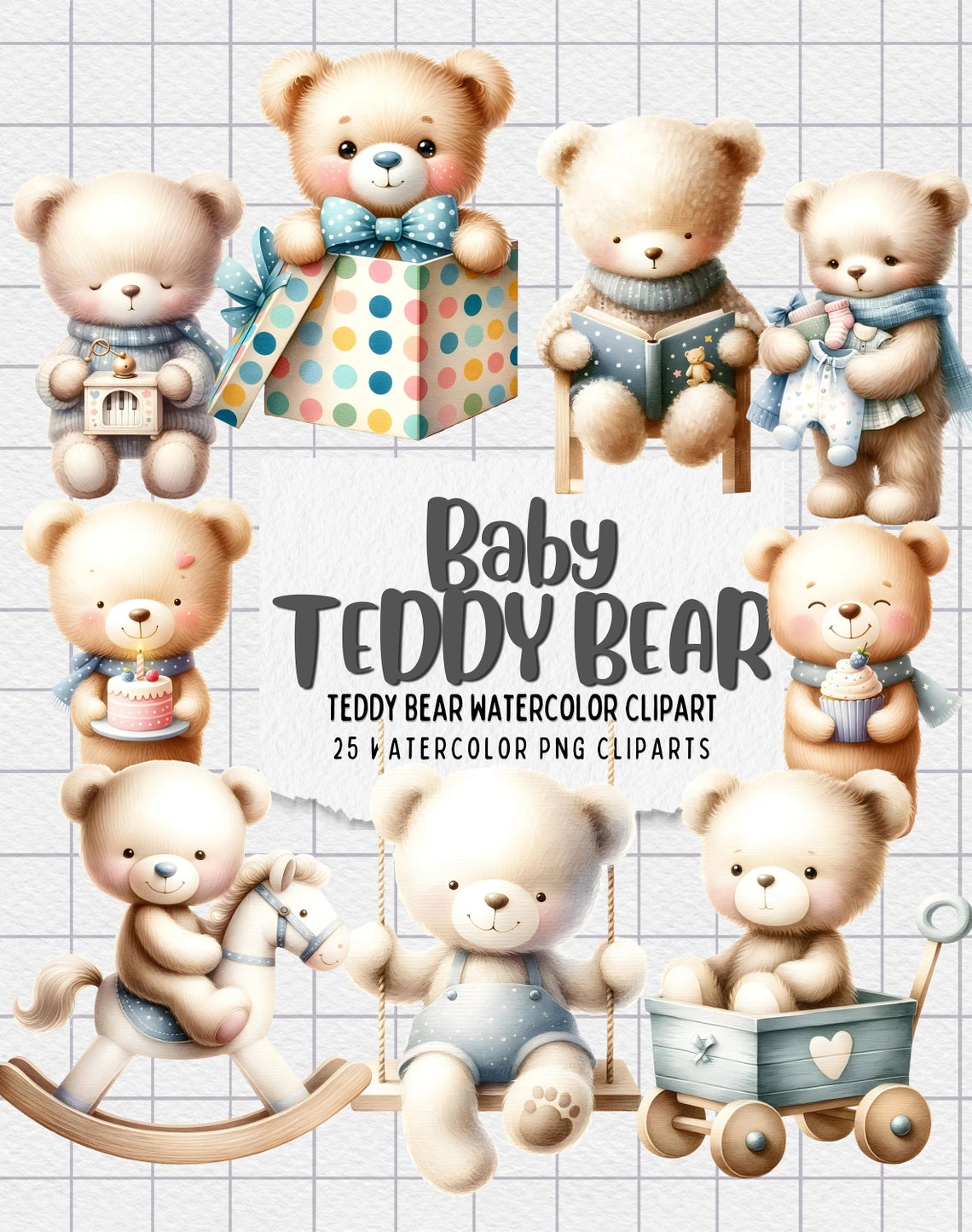 Teddy Bear Watercolor Clipart 25 PNG Collection for Nursery Decor ...