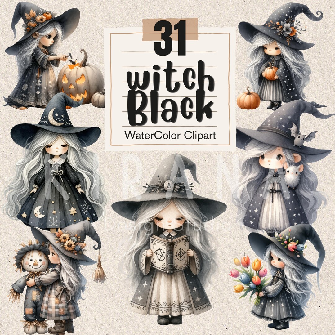Halloween Witch Black Clipart Set - 31 PNG Elements, Cute Witch ...