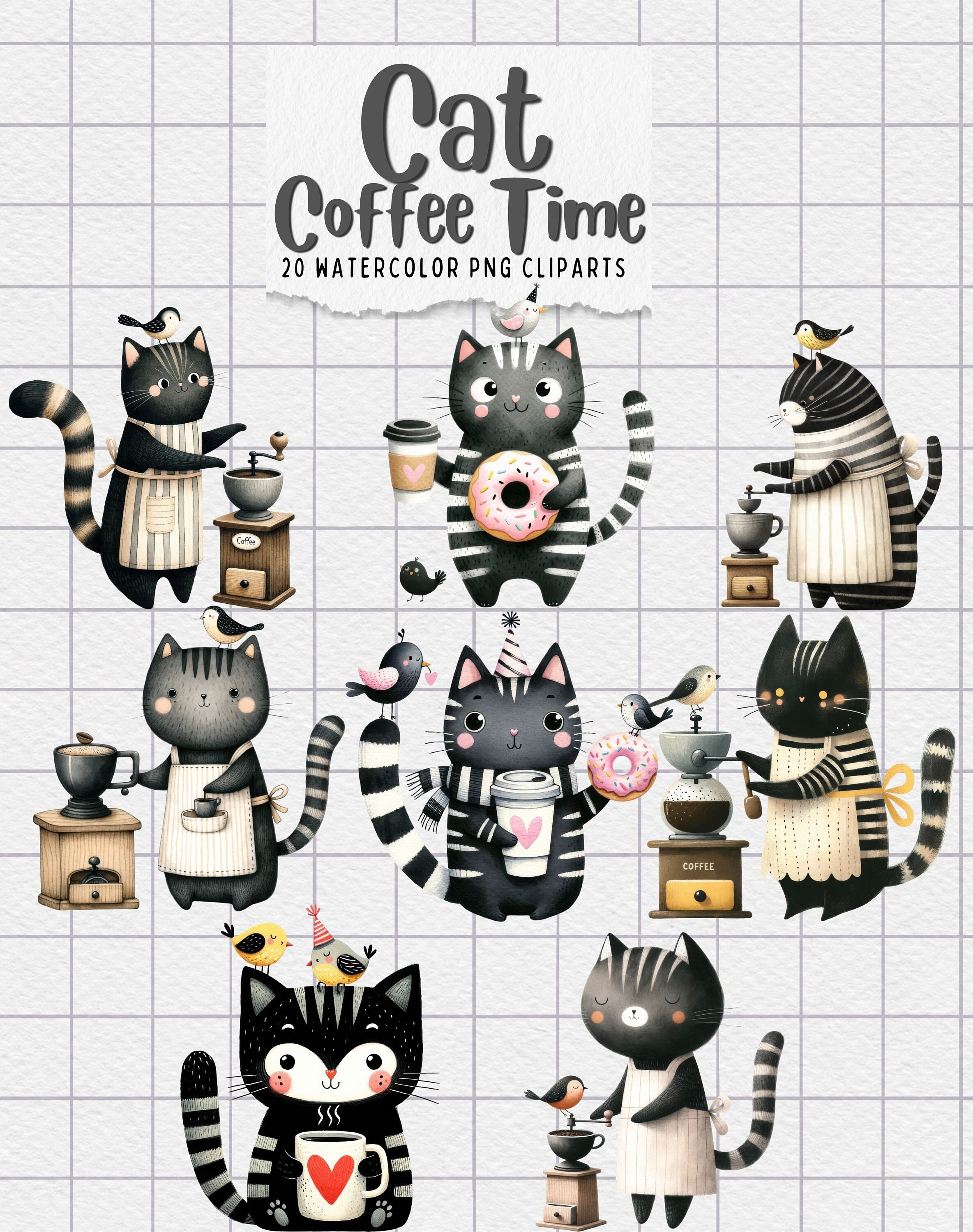 Cozy Coffee Time Cat Clipart - Cute Feline & Bird Illustration PNG - Etsy