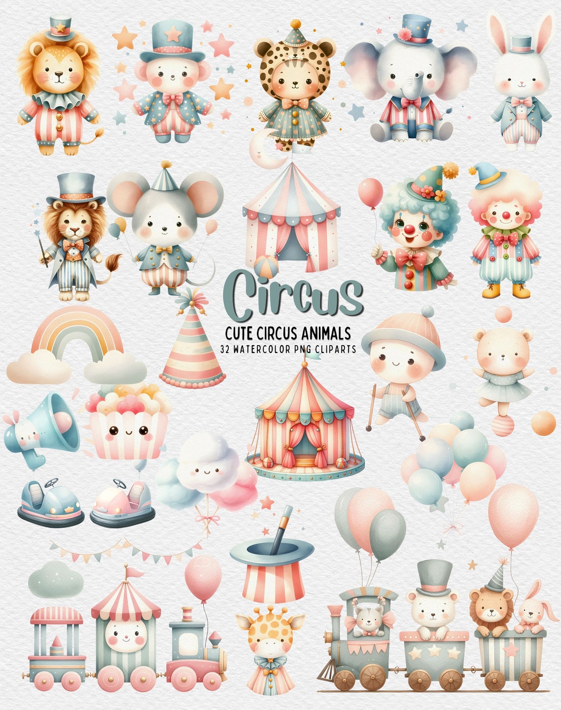 Circus Watercolor Clipart PNG Adorable Animals and Cheerful Elements ...