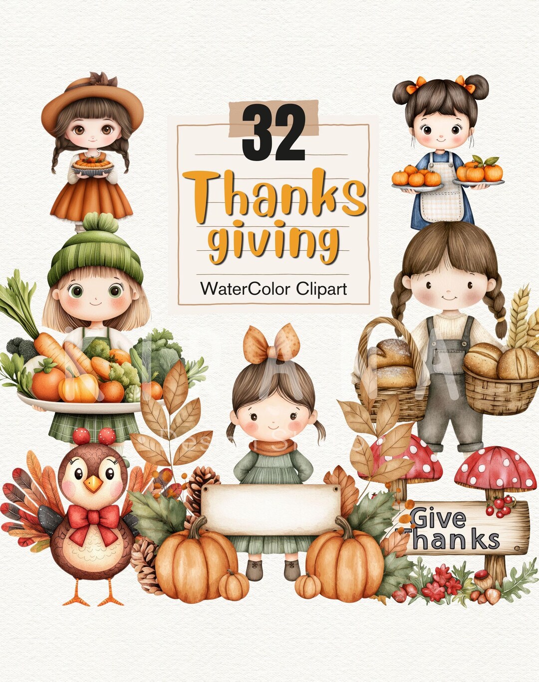 Thanksgiving Watercolor Clipart Set 32 PNG Elements, Cute Harvest ...