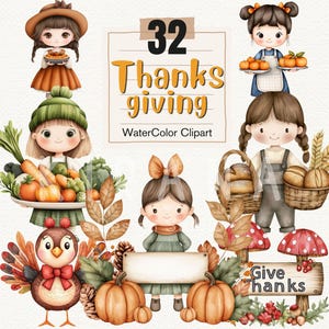 Thanksgiving Watercolor Clipart Set 32 PNG Elements, Cute Harvest ...