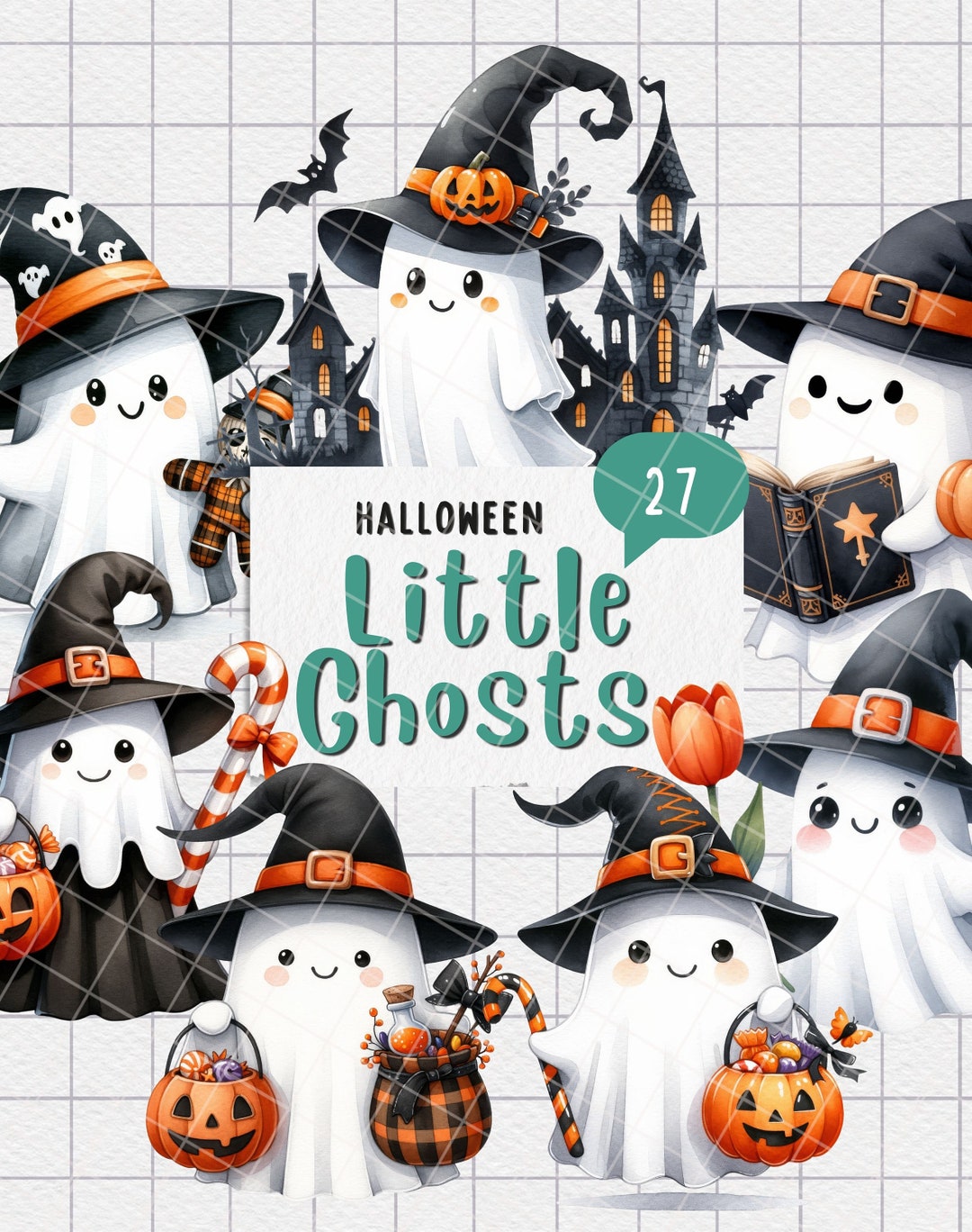 Ghost Halloween Clipart Set Adorable Ghosts With Witch Hats and Candy ...