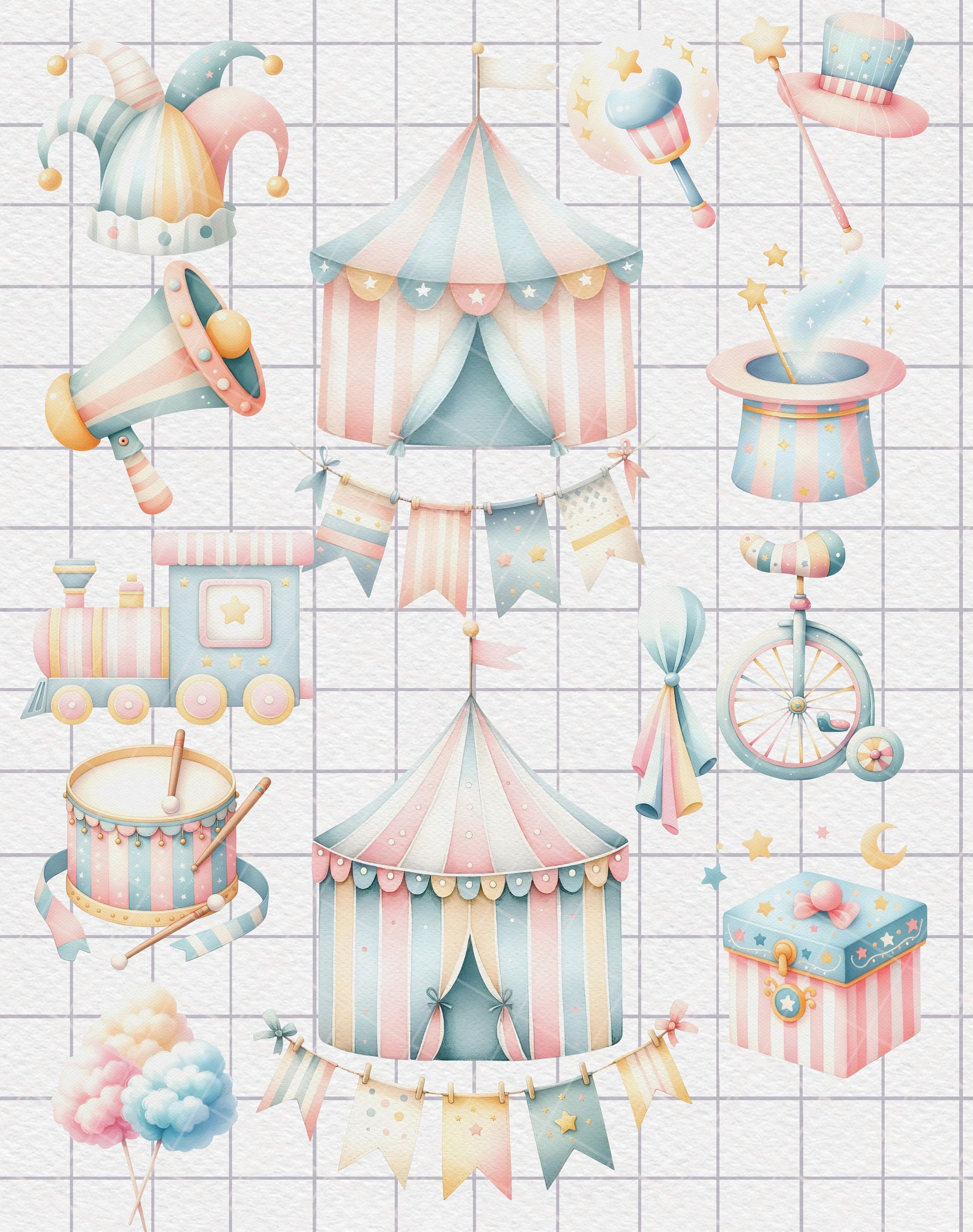 Circus Watercolor Clipart PNG Set B - Adorable Animals and Cheerful ...
