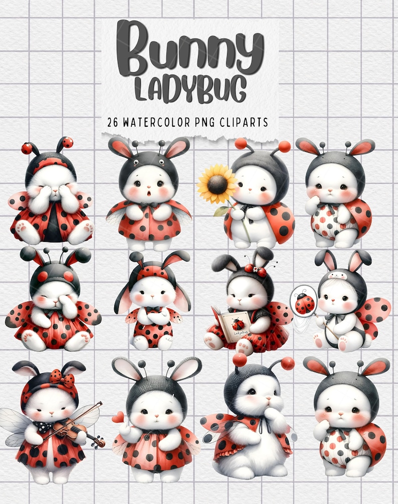 Adorable Ladybug Bunny Cliparts - 26 Watercolor PNG Images for Crafts ...