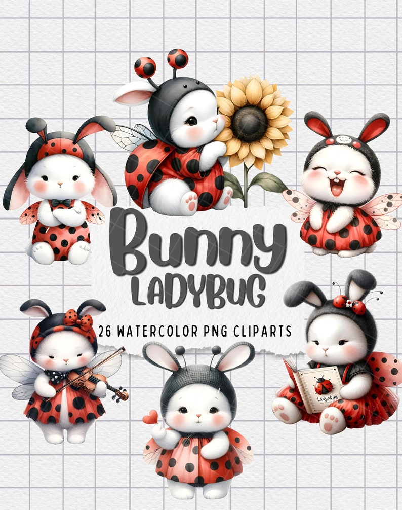 Adorable Ladybug Bunny Cliparts - 26 Watercolor PNG Images for Crafts ...