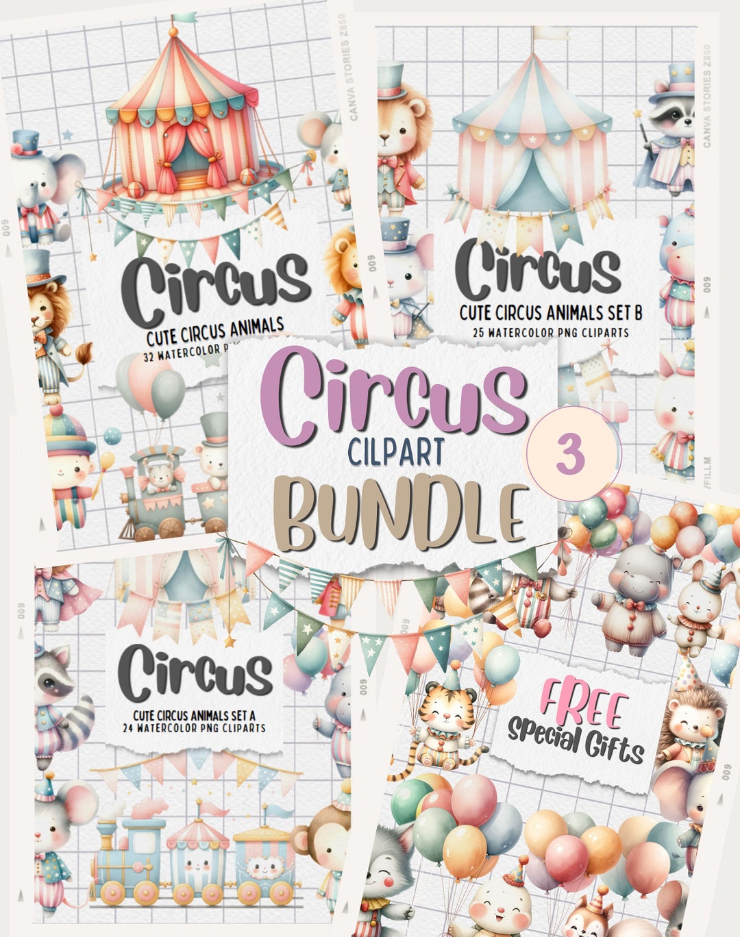 Circus Watercolor Clipart BUNDLE - Adorable Animals and Cheerful ...