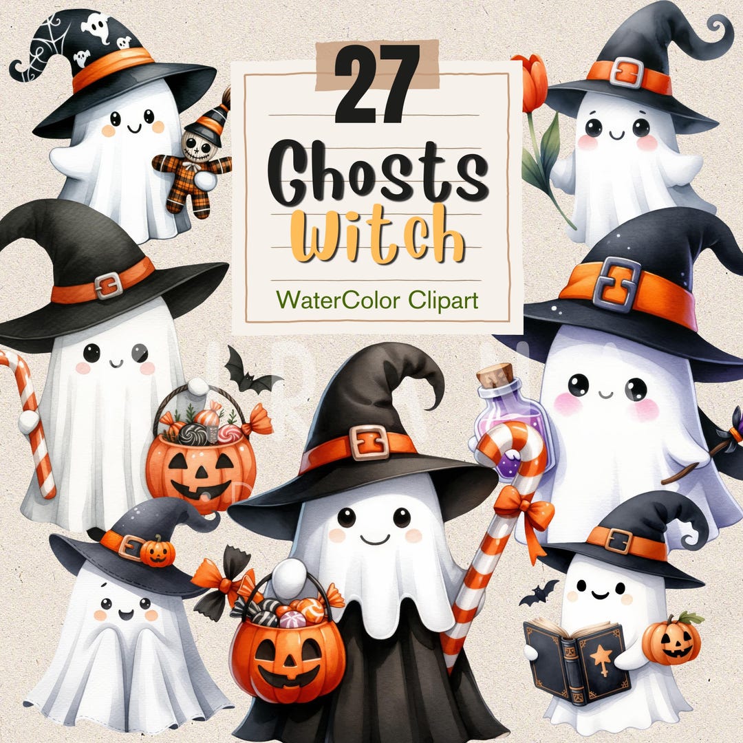 Ghost Halloween Clipart Set | Adorable Ghosts With Witch Hats and Candy ...