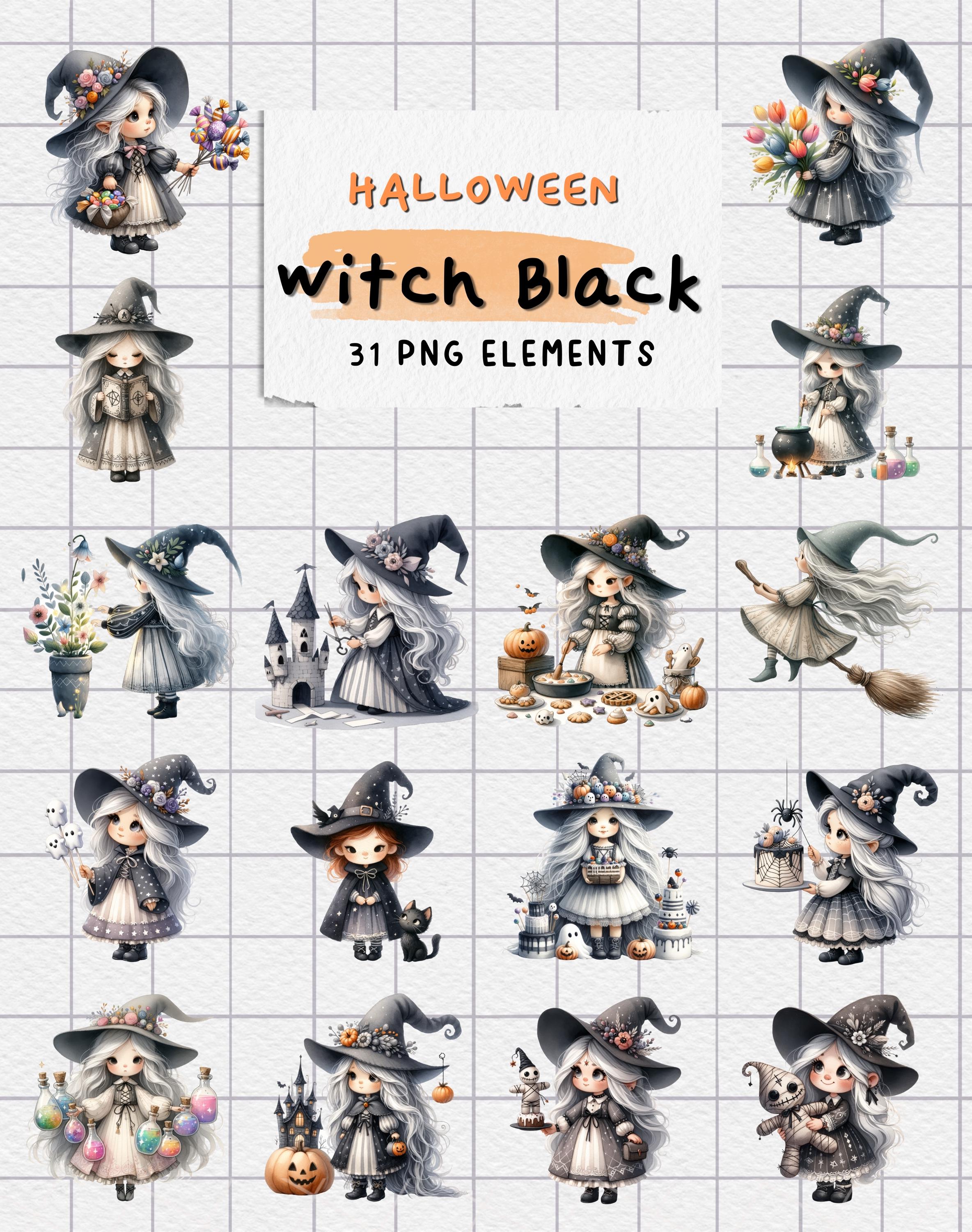 Halloween Witch Black Clipart Set 31 PNG Elements, Cute Witch ...