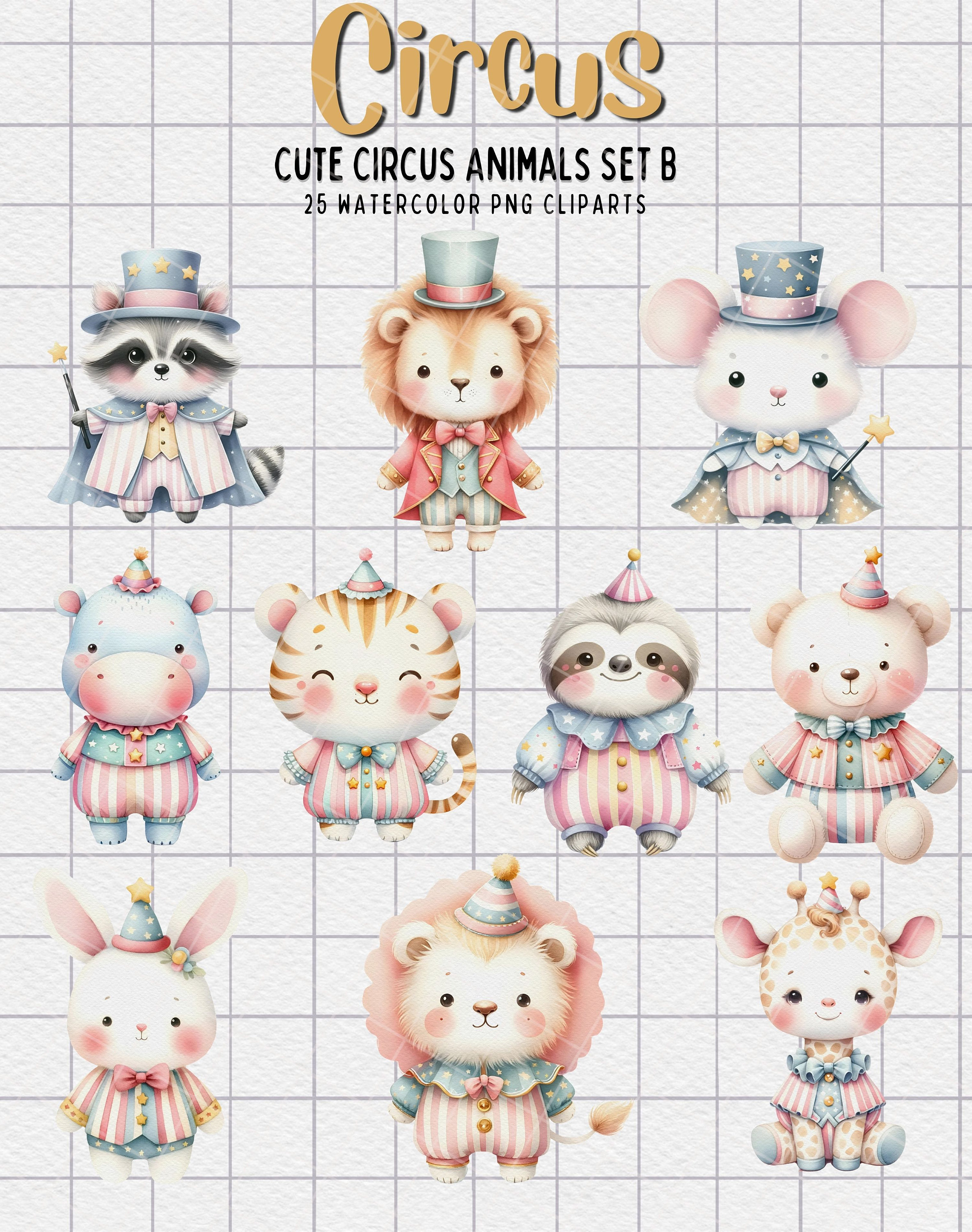 Circus Watercolor Clipart PNG Set B - Adorable Animals and Cheerful ...