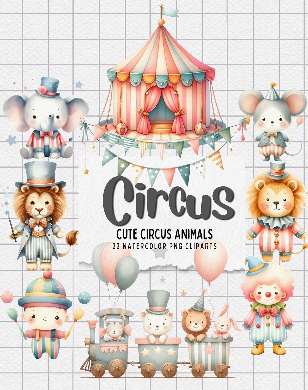 Circus Watercolor Clipart PNG - Adorable Animals and Cheerful Elements ...